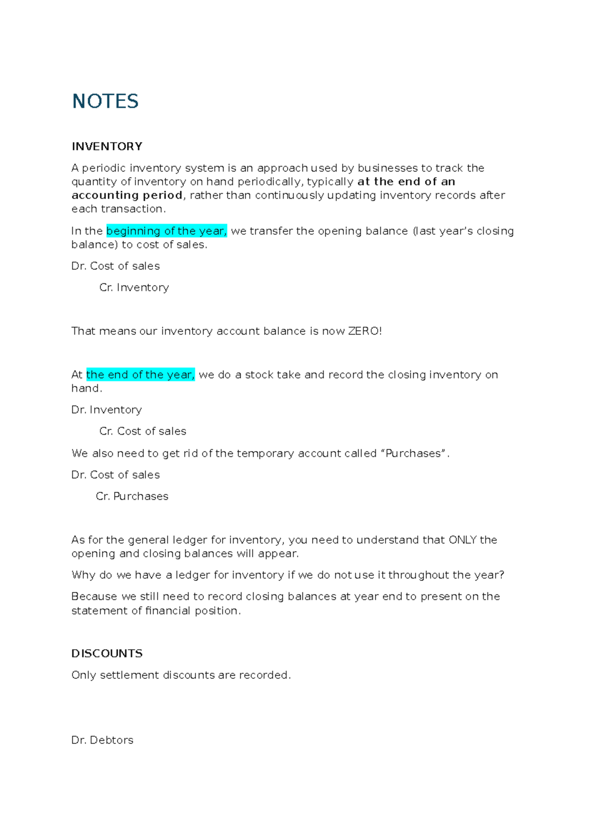 Notes FOR Chapter 7 ACCS - NOTES INVENTORY A periodic inventory system ...