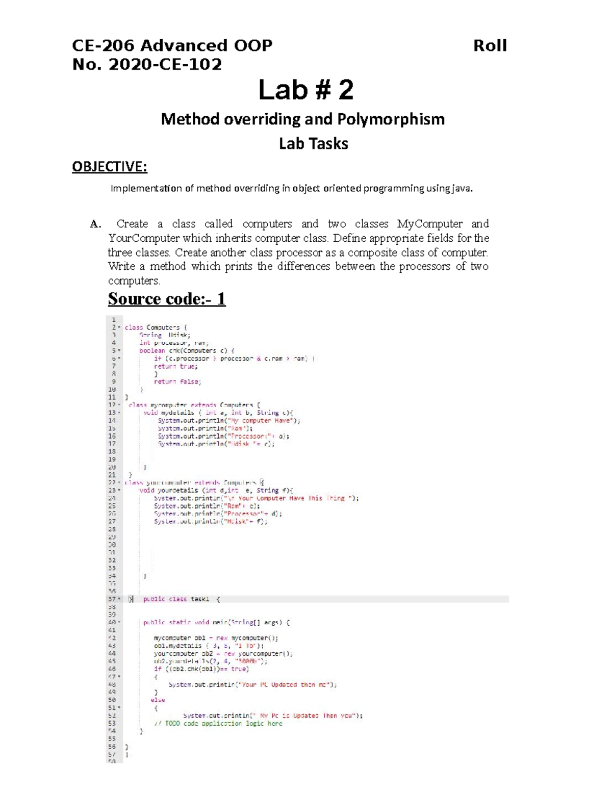 AOOP LAB 1 - This is AOOP lab to help the student to study - No. 2020-CE- Lab # 2 Method ...