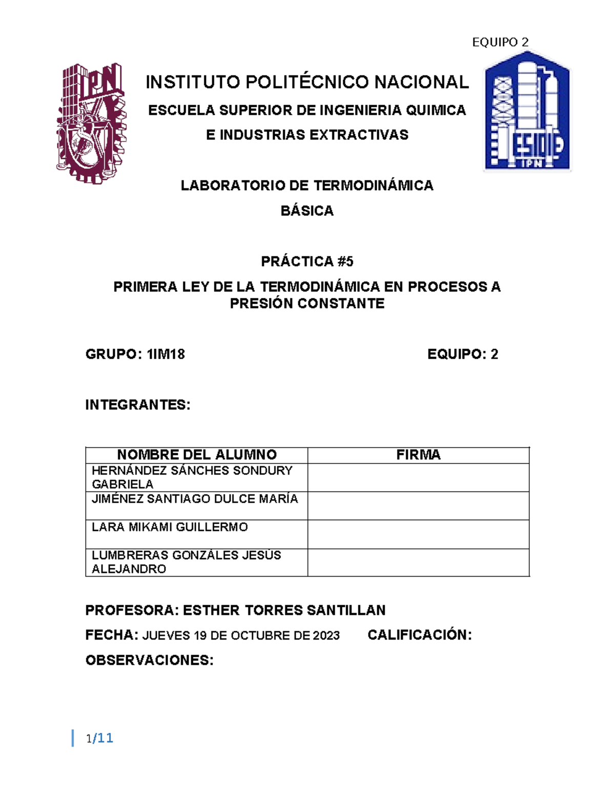 Práctica 5. Primera LEY DE LA Termodinámica EN Procesos A Presión Constante - INSTITUTO ...
