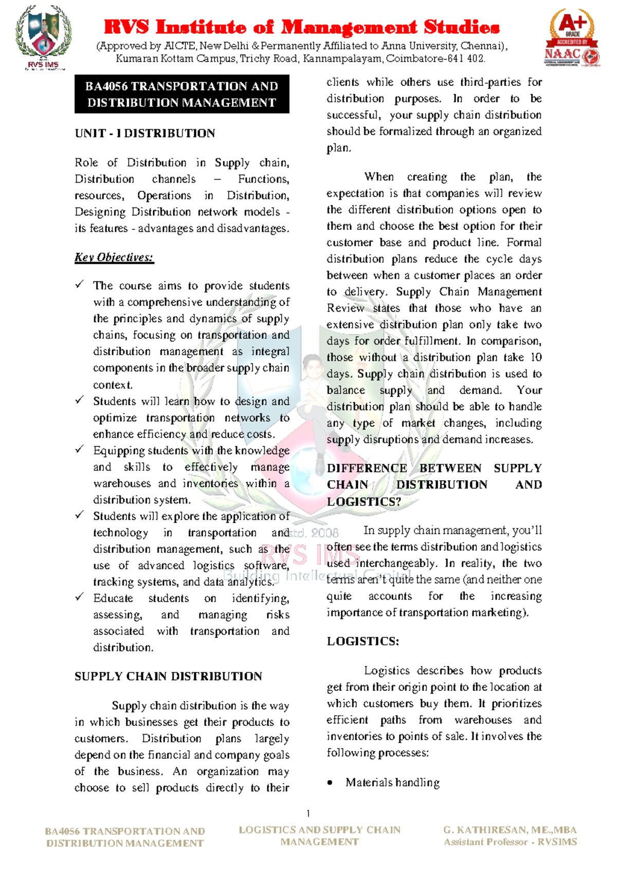 TDM BOOK U1 - unit 1 lecture notes for transportation and distribution ...
