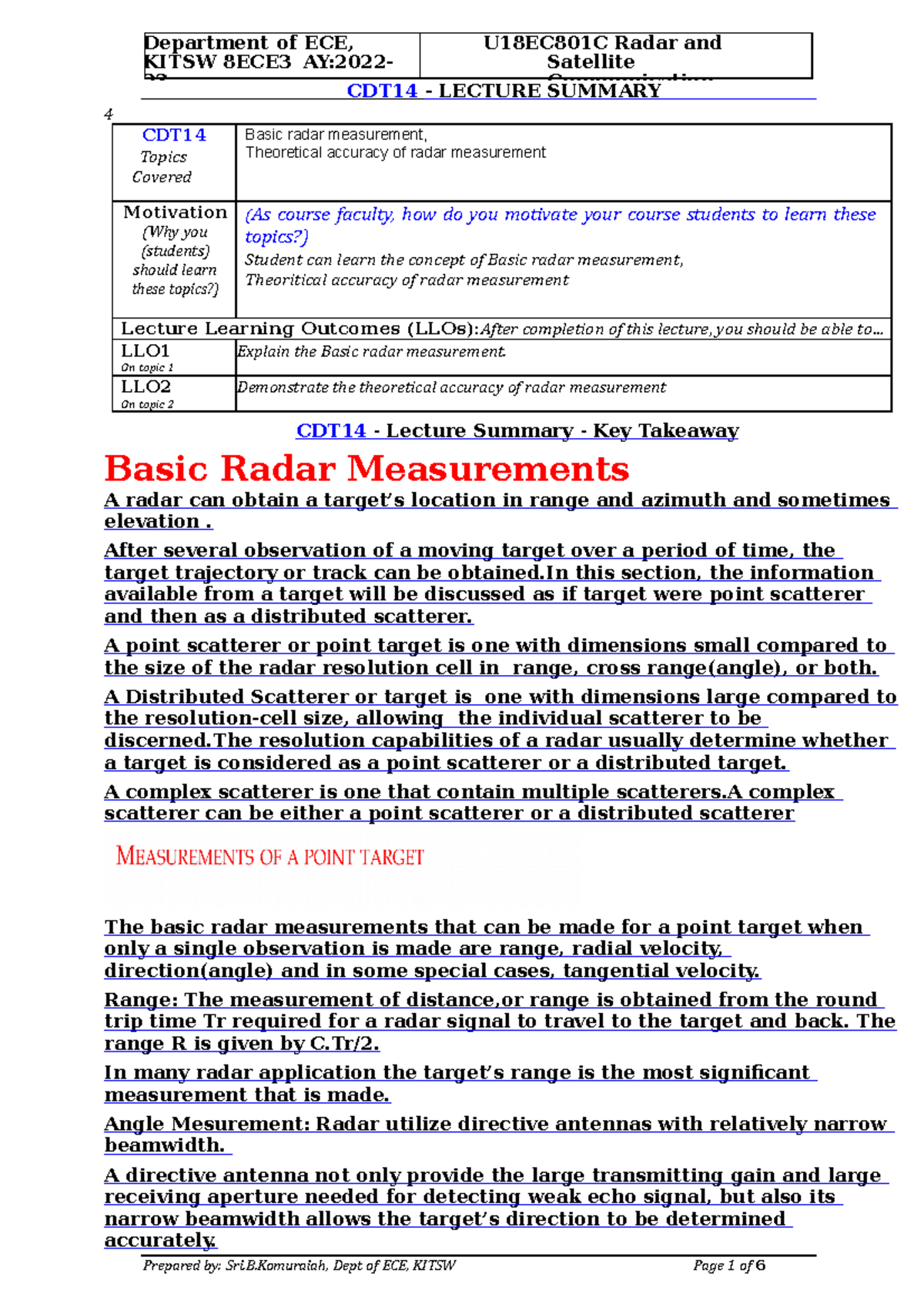 Theoretical accuracy of radar measurement - Department of ECE, KITSW ...