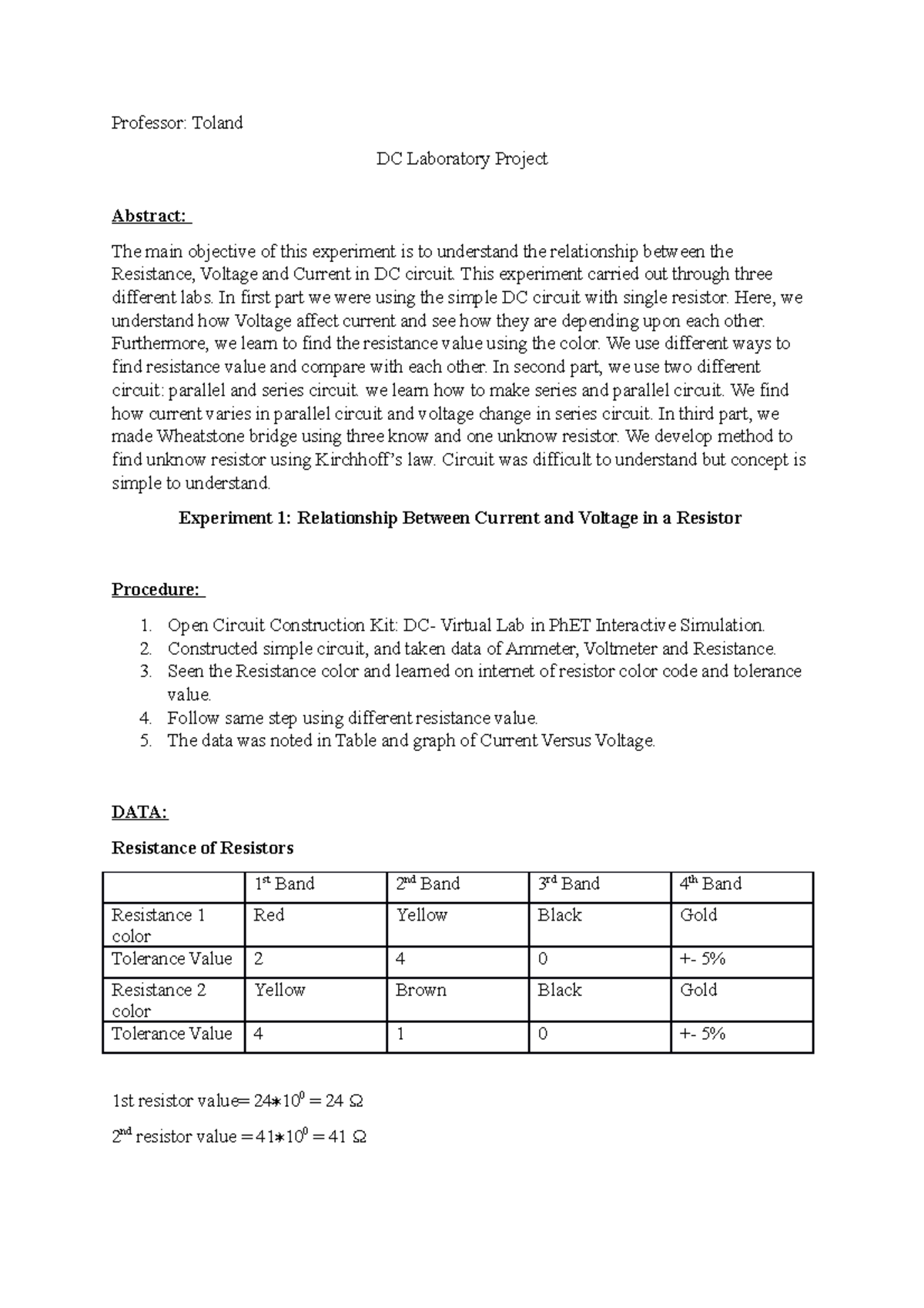 DC Lab - Professor: Toland DC Laboratory Project Abstract: The main ...