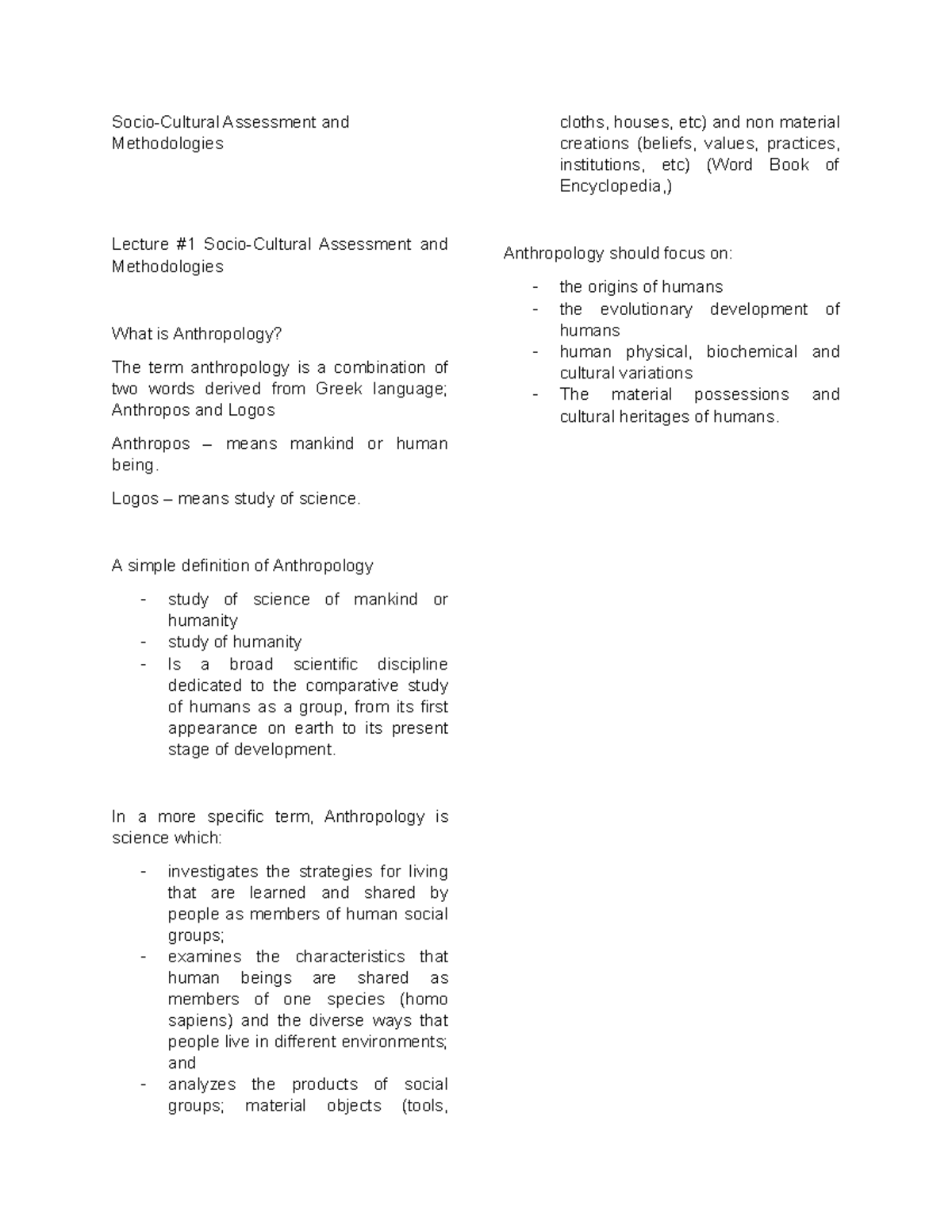 Socio-Cultural Assessment and Methodology - SOCI 2350 - Introduction to ...