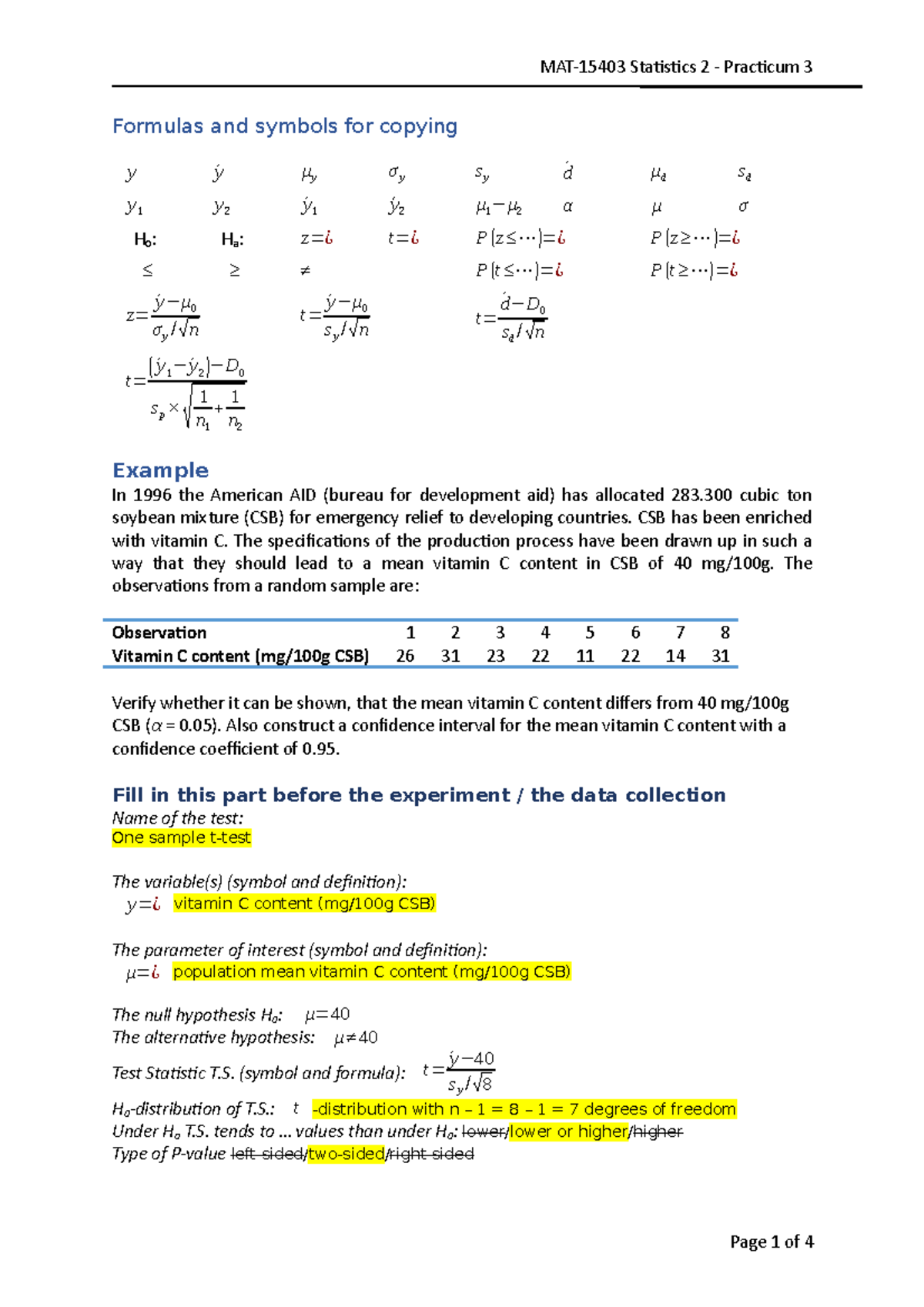 Statistics 2: Form practical 3 (Rcmdr) - Formulas and symbols for ...