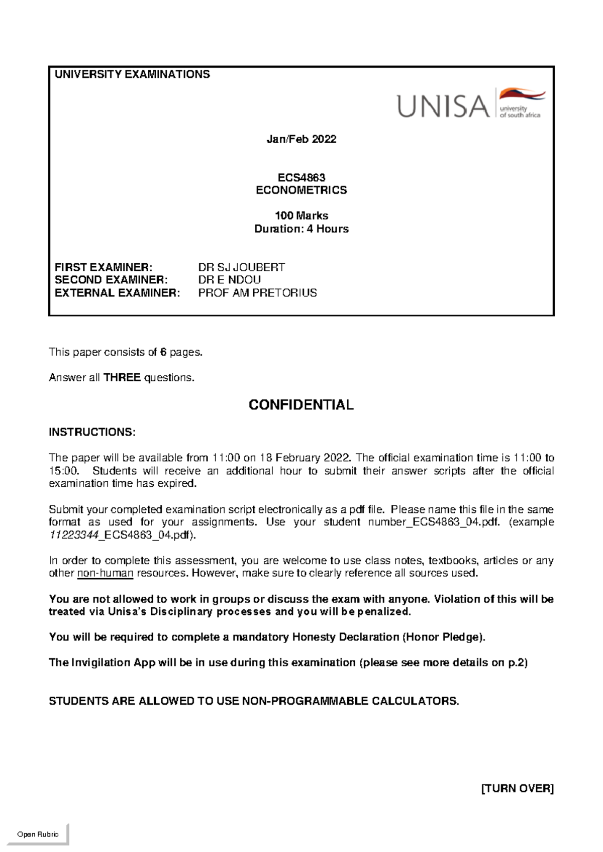 ECS4863 Jan Feb 2022 examination - [TURN OVER] UNIVERSITY EXAMINATIONS ...