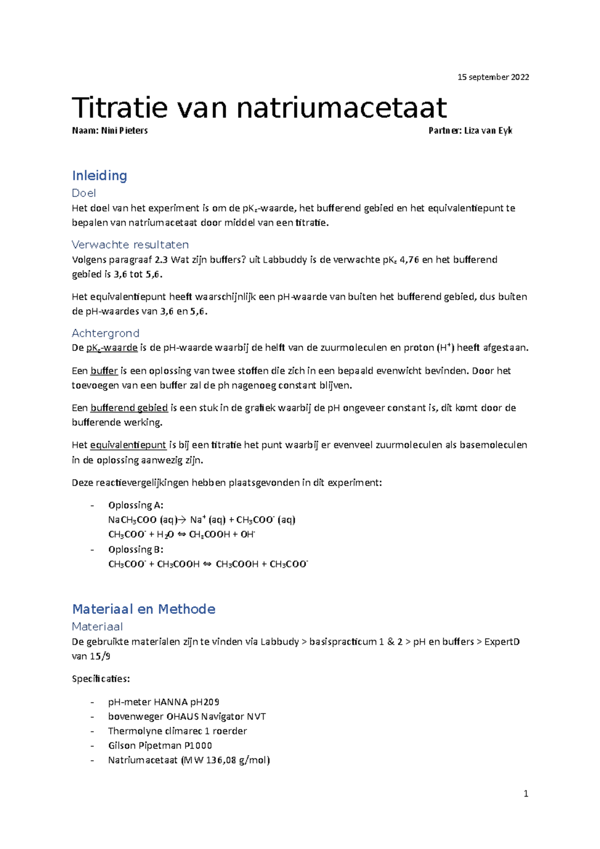 Nini Pieters practicum 2 - 15 september 2022 Titratie van ...
