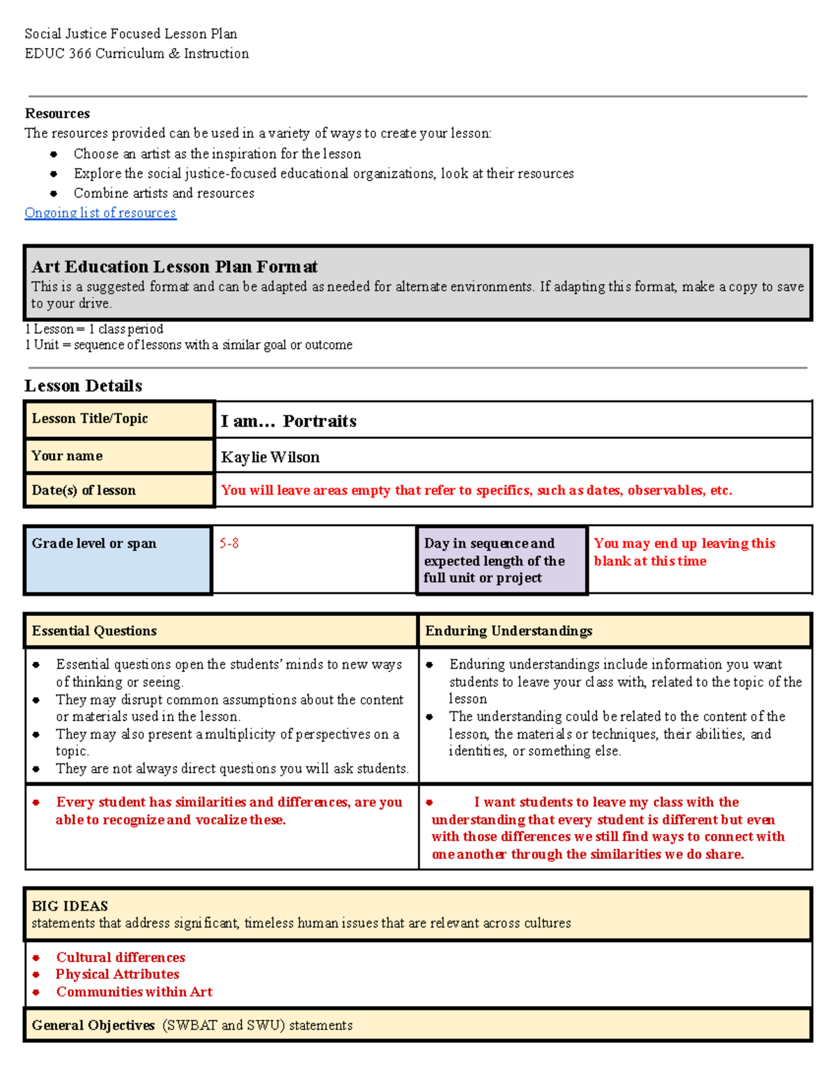 Kaylie Wilson Social Justice focused Lesson Plan - Social Justice ...