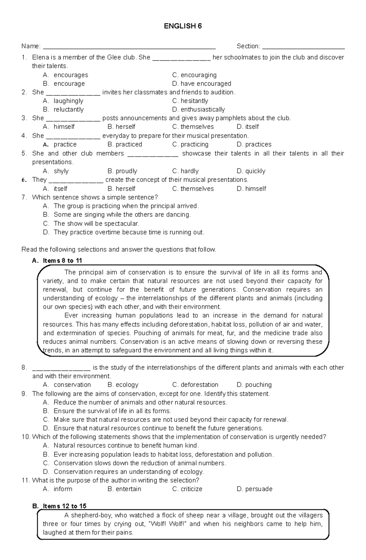 English reviewer - Sample only - ENGLISH 6 Name: Section: Elena is a ...