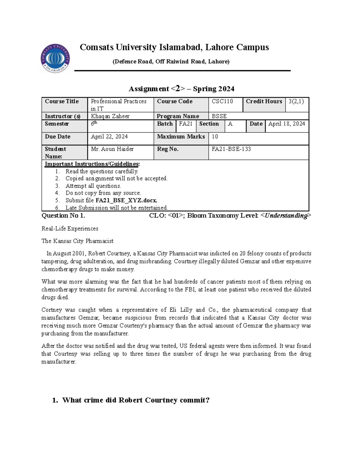 FA21 BSE 133 Assignment 2 - Comsats University Islamabad, Lahore Campus ...