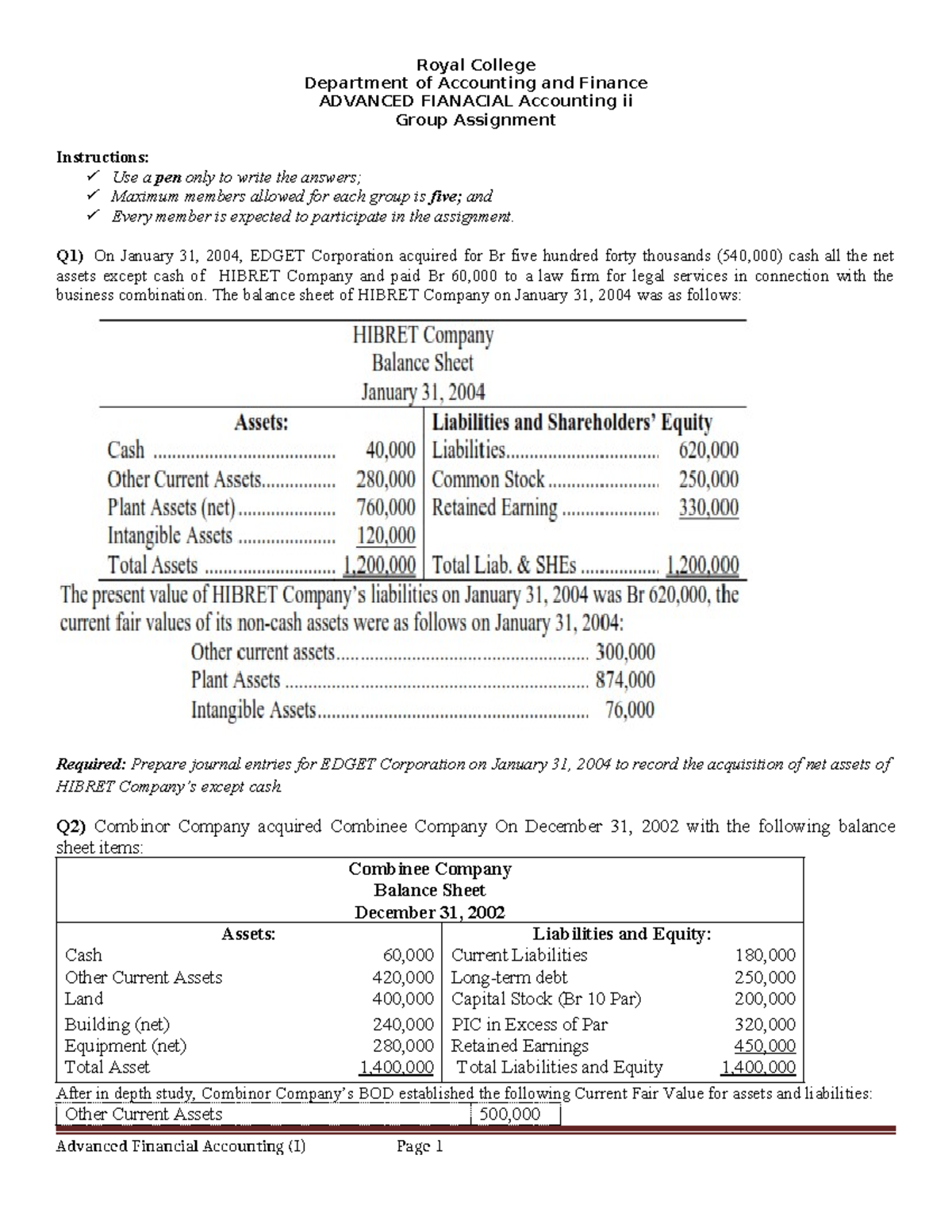 Assignment for Advanced Fin Acct (II) - Royal College Department of ...