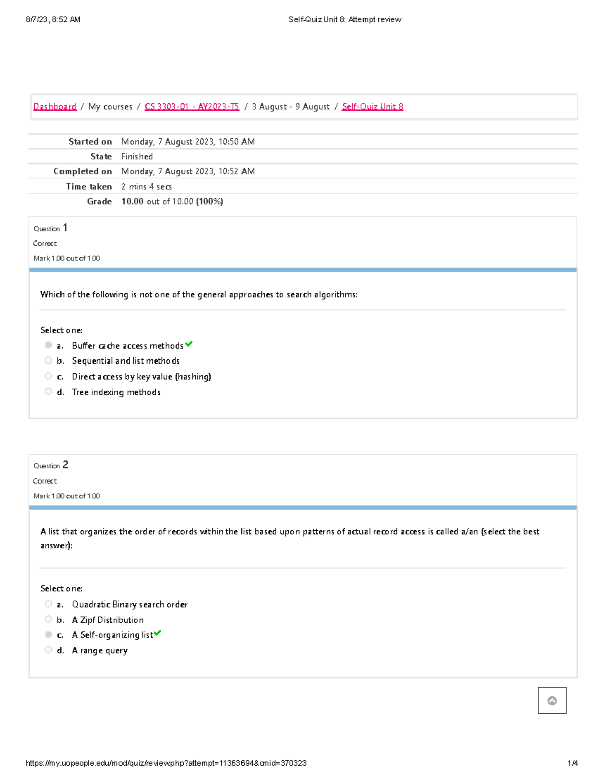 Self-Quiz Unit 8 Attempt review - Started on Monday, 7 August 2023, 10: ...