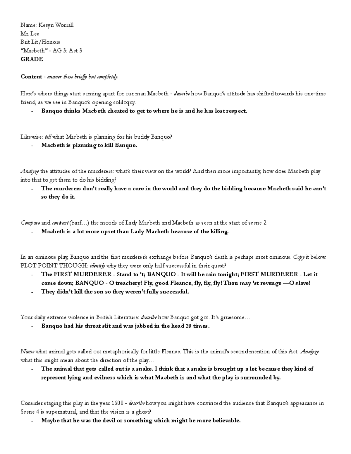 Macbeth Anticipation Guide 3 - Name: Kesyn Worrall Mr. Lee Brit Lit ...