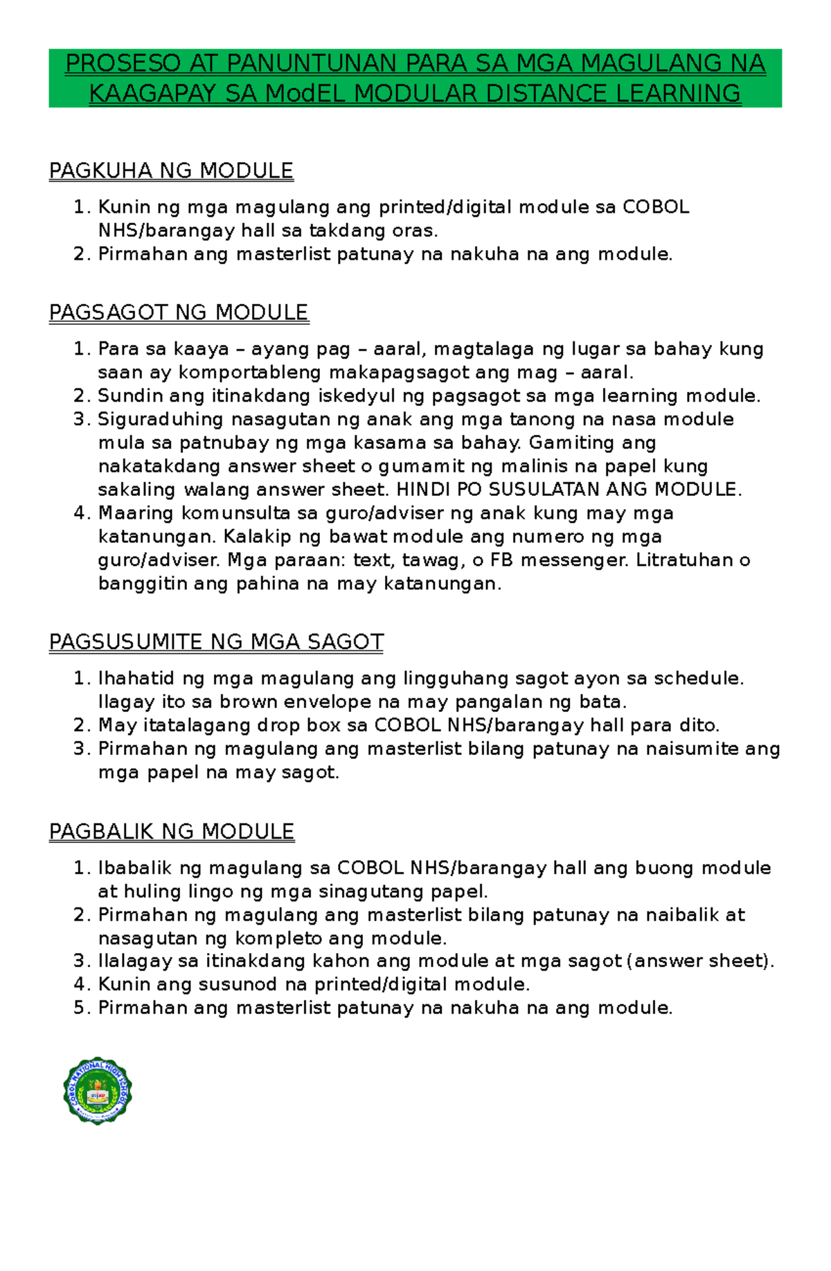 Proseso AT Panuntunan PARA SA MGA Magulang NA Kaagapay SA Mod EL ...