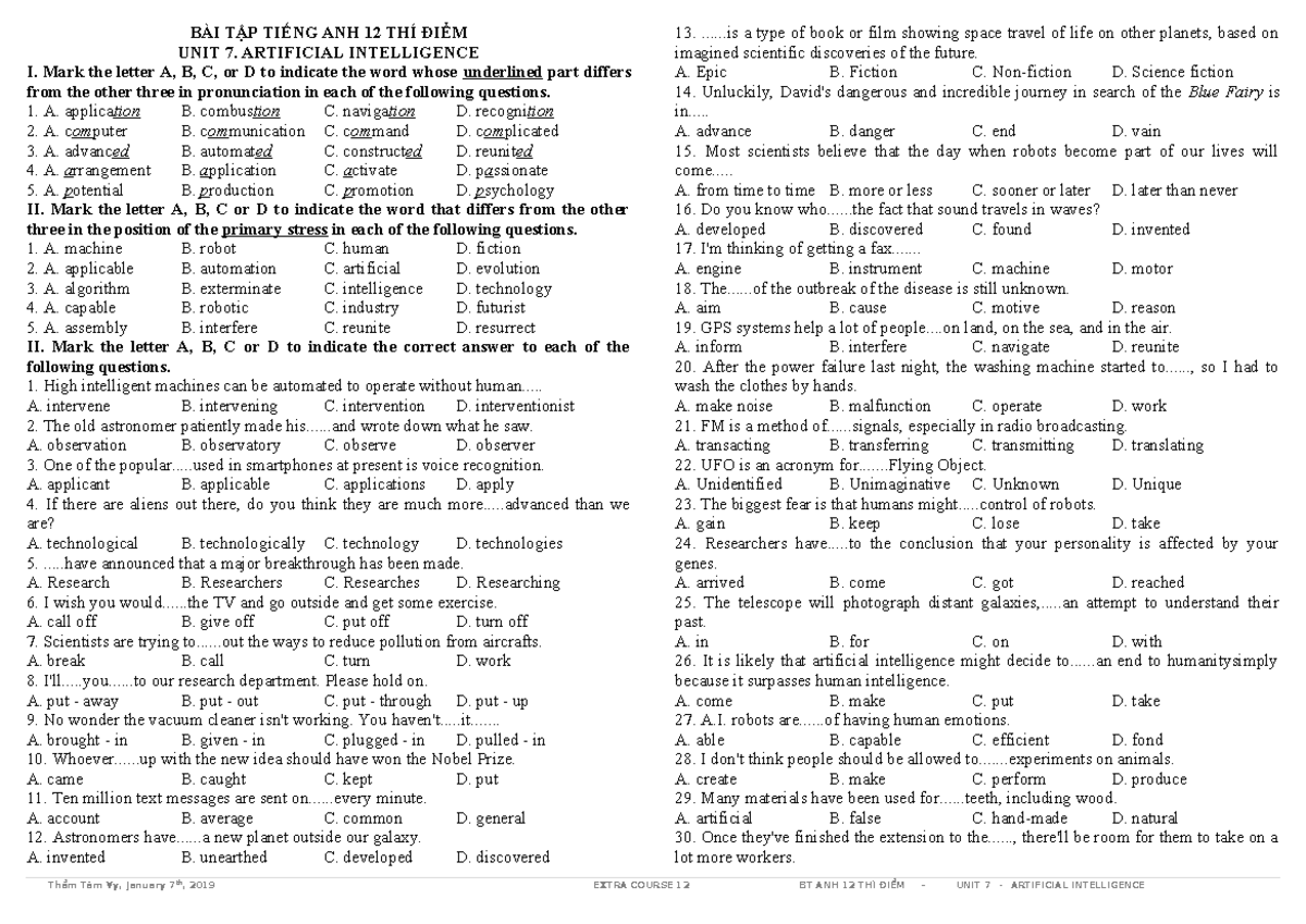 BAI TAP AV 12 THI DIEM UNIT 7 - BÀI TẬP TIẾNG ANH 12 THÍ ĐIỂM UNIT 7. ARTIFICIAL INTELLIGENCE I ...