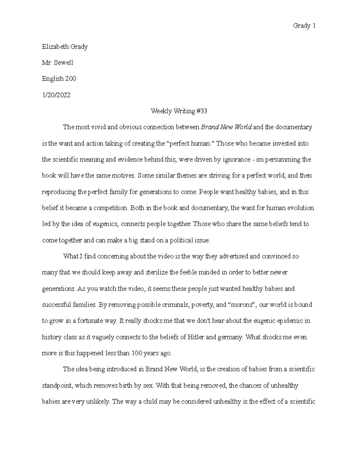 Weekly Writing #3 - Grady 1 Elizabeth Grady Mr. Sewell English 200 1/20 ...
