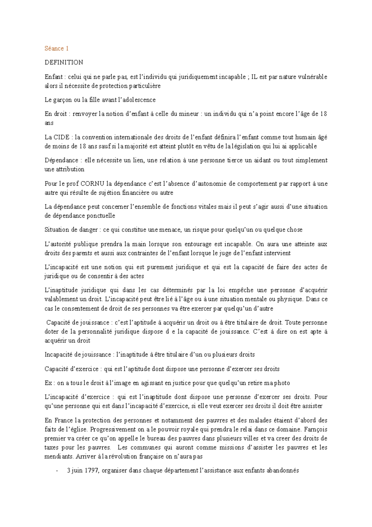 Droit de l'enfance - Cours - Séance 1 DEFINITION Enfant : celui qui ne ...