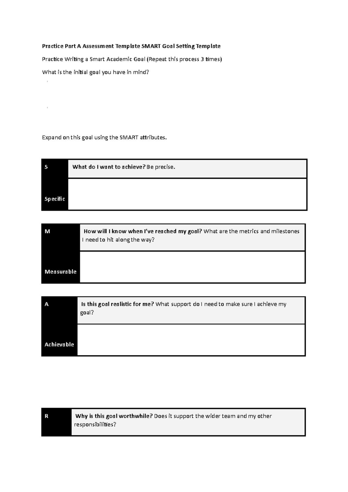 Practice Part A Assessment Template Smart Goal Setting Template ...