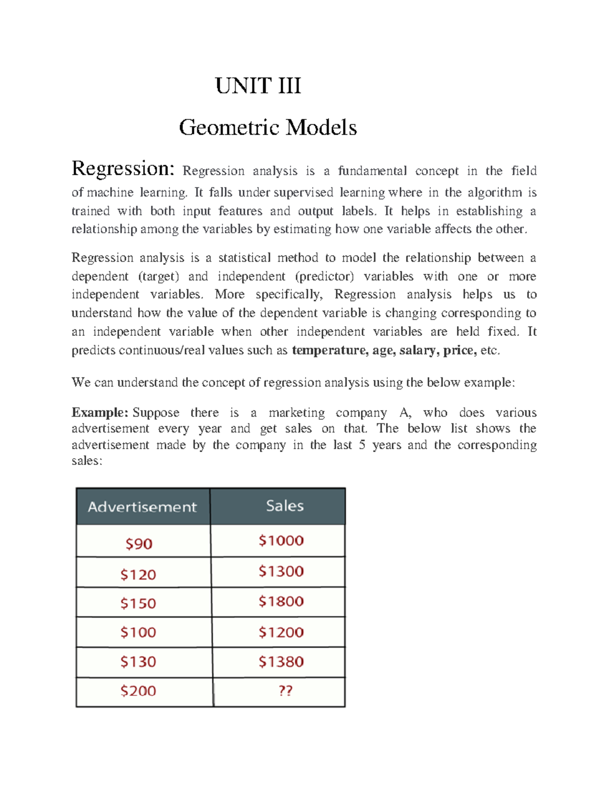 ML Geometric Models unit 3 - UNIT III Geometric Models Regression: Regression analysis is a ...