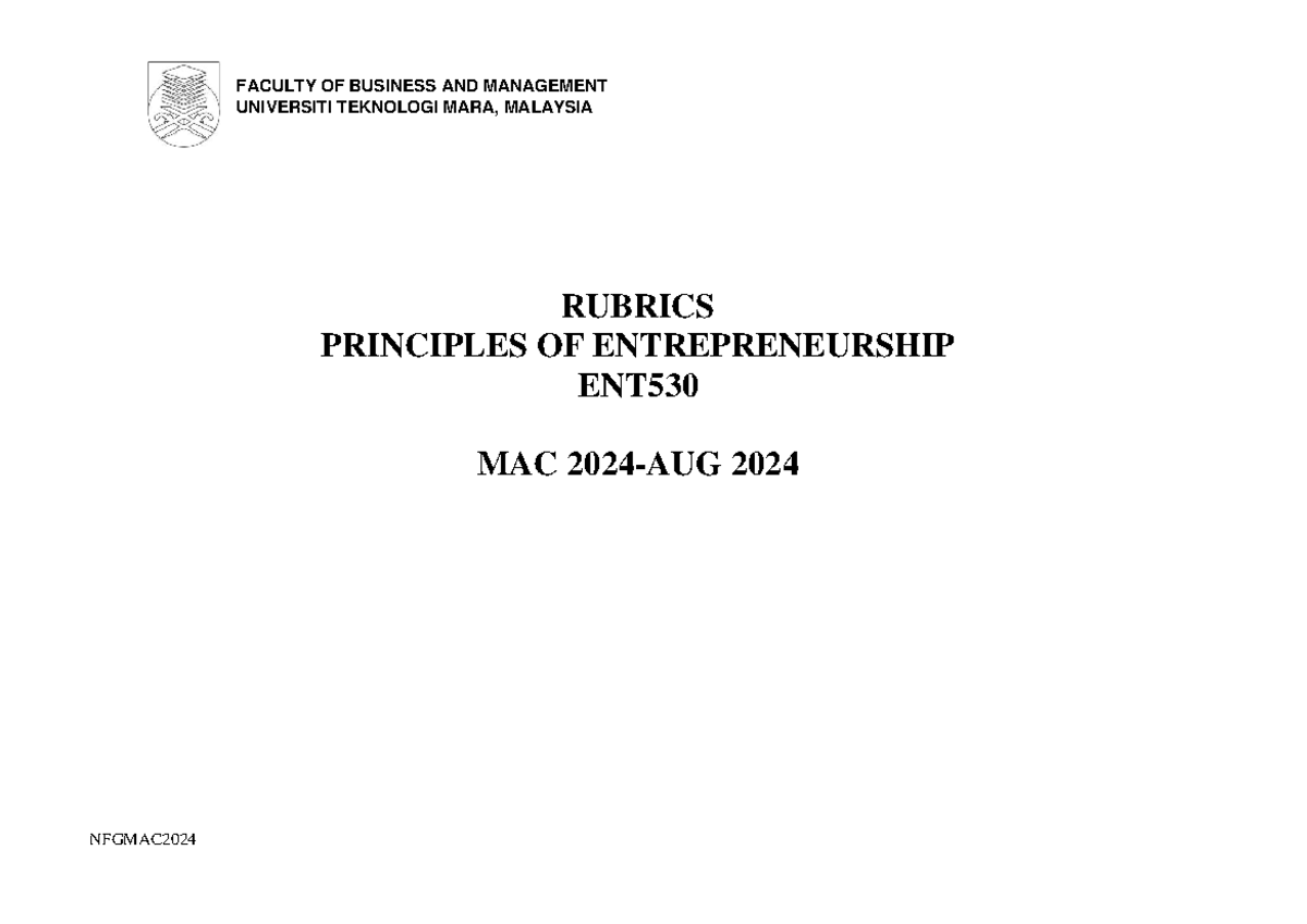 ENT530 MAC2024 Rubrics - FACULTY OF BUSINESS AND MANAGEMENT UNIVERSITI TEKNOLOGI MARA, MALAYSIA ...