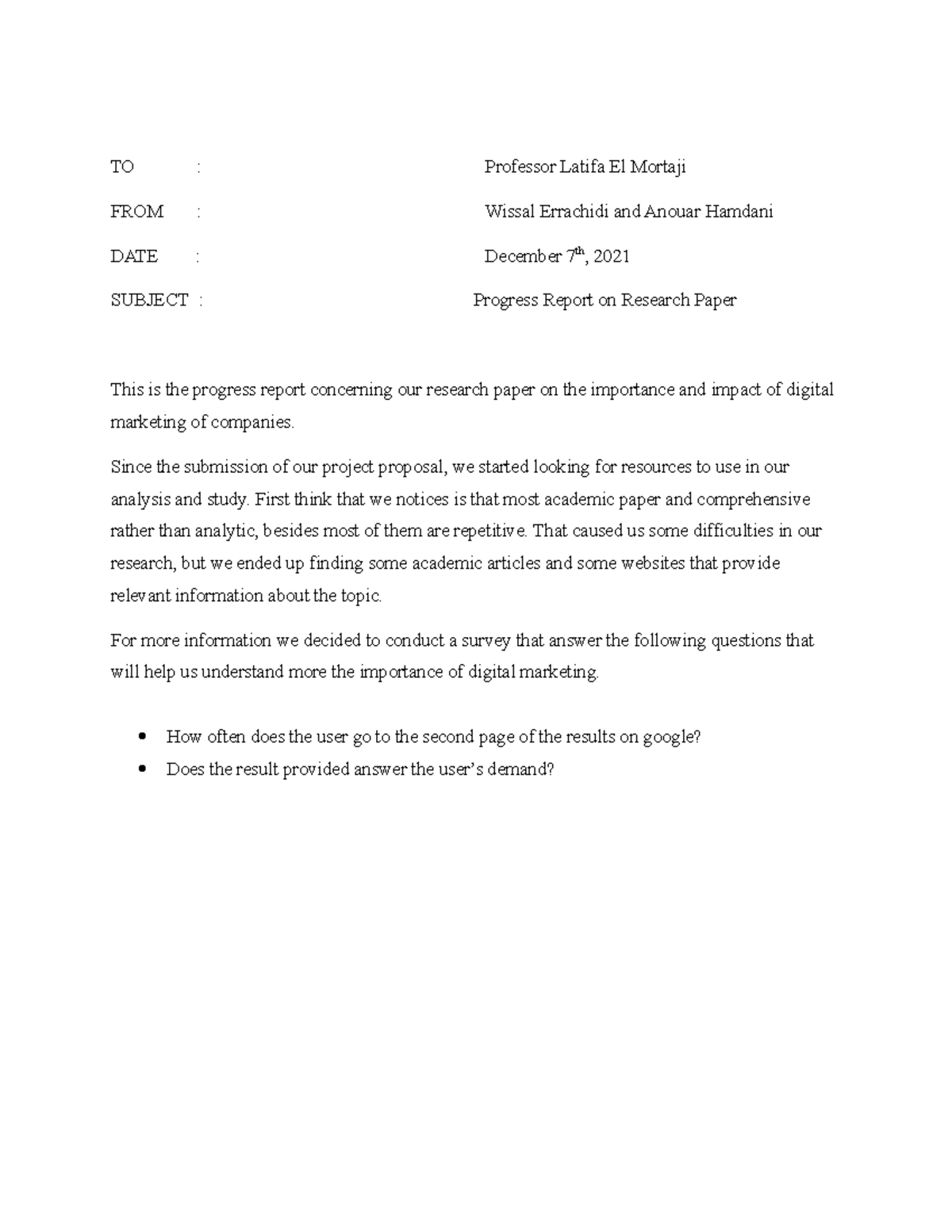 Progress Report - Since the submission of our project proposal, we ...