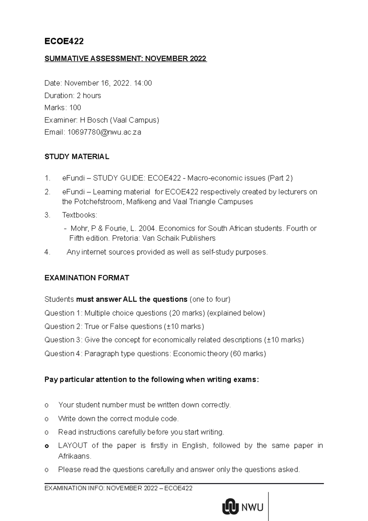 ECOE422 Final Sit down Info Letter 2022 - ECOE SUMMATIVE ASSESSMENT ...