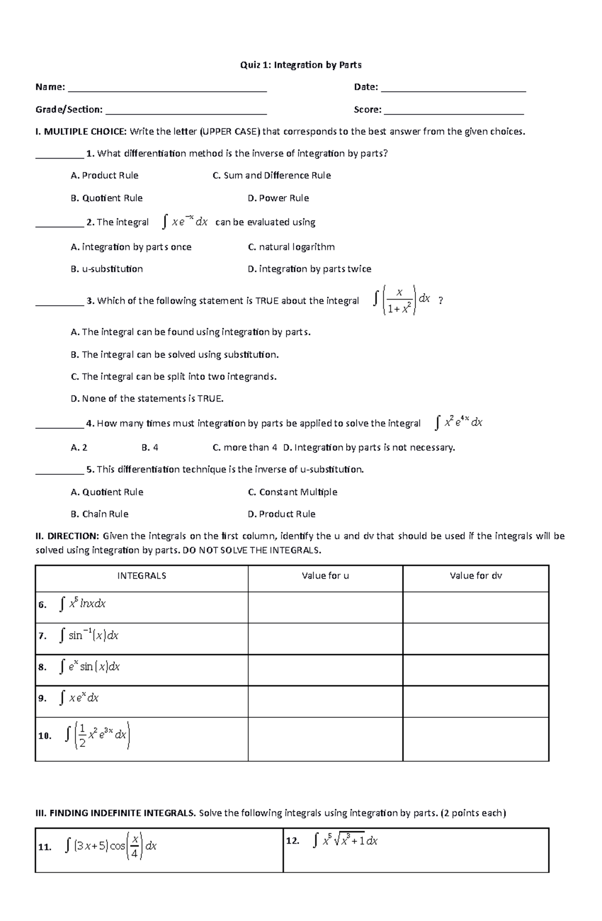 Quiz 1 Integration by Parts - Quiz 1: Integration by Parts Name: - Studocu