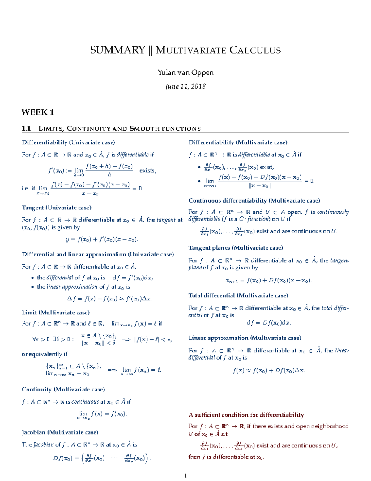 Summary (Multivariate Calculus) - SUMMARY‖MULTIVARIATE CALCULUS Yulan ...