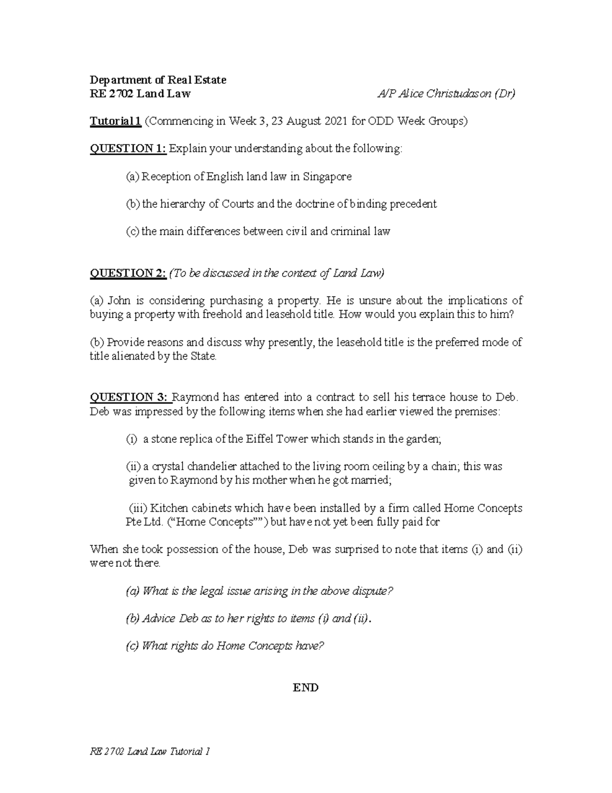 RE2702 2021 Tutorial 1 - RE 2 702 Land Law Tutorial 1 Department of ...