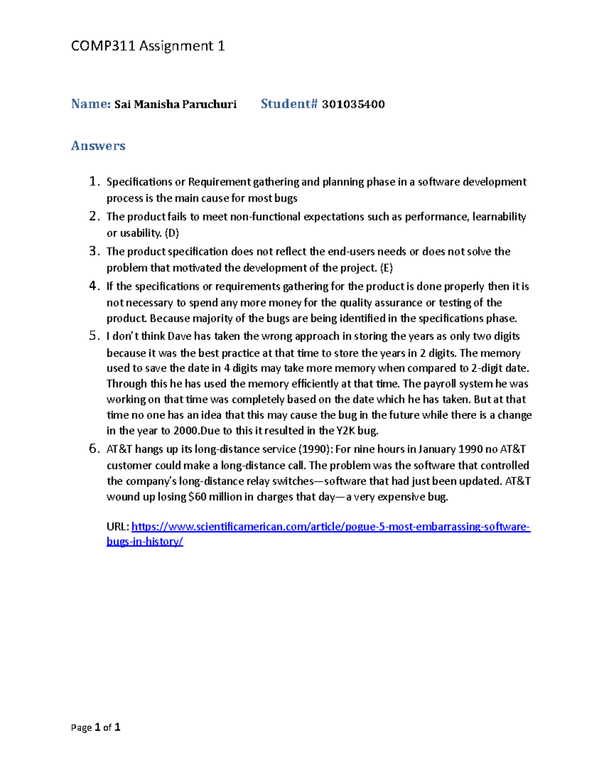 A1-COMP311 Reading Answers - COMP311 Assignment 1 Name: Sai Manisha Paruchuri Student# 301035400 ...