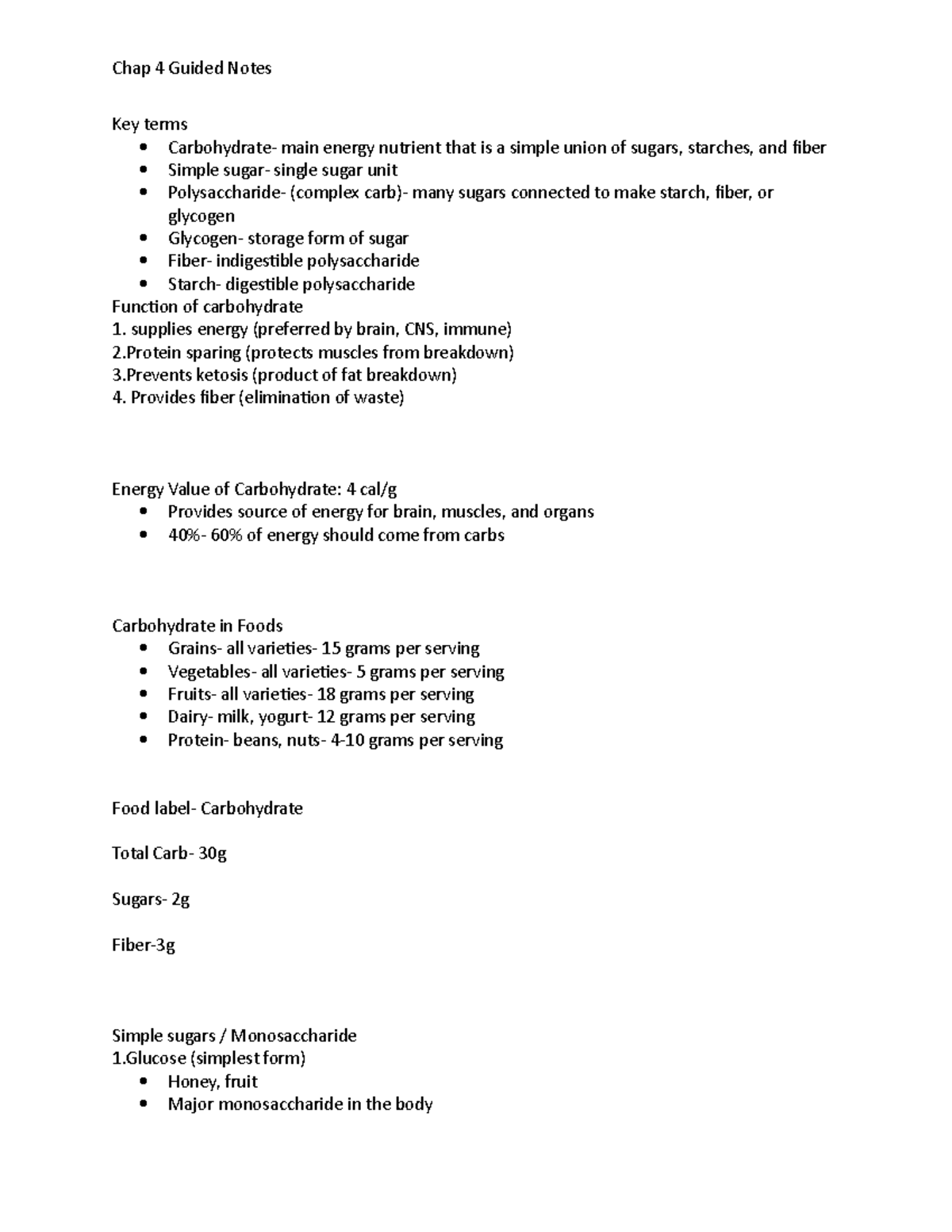 Chap 4 guided Notes- FN 2070 - Key terms Carbohydrate- main energy ...