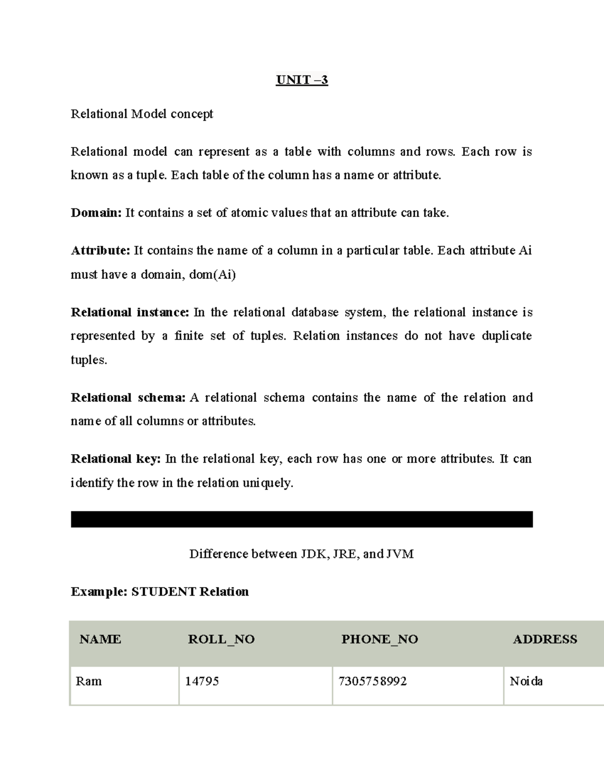 UNIT - 3 - 2nd sem bca - UNIT – Relational Model concept Relational model can represent as a ...