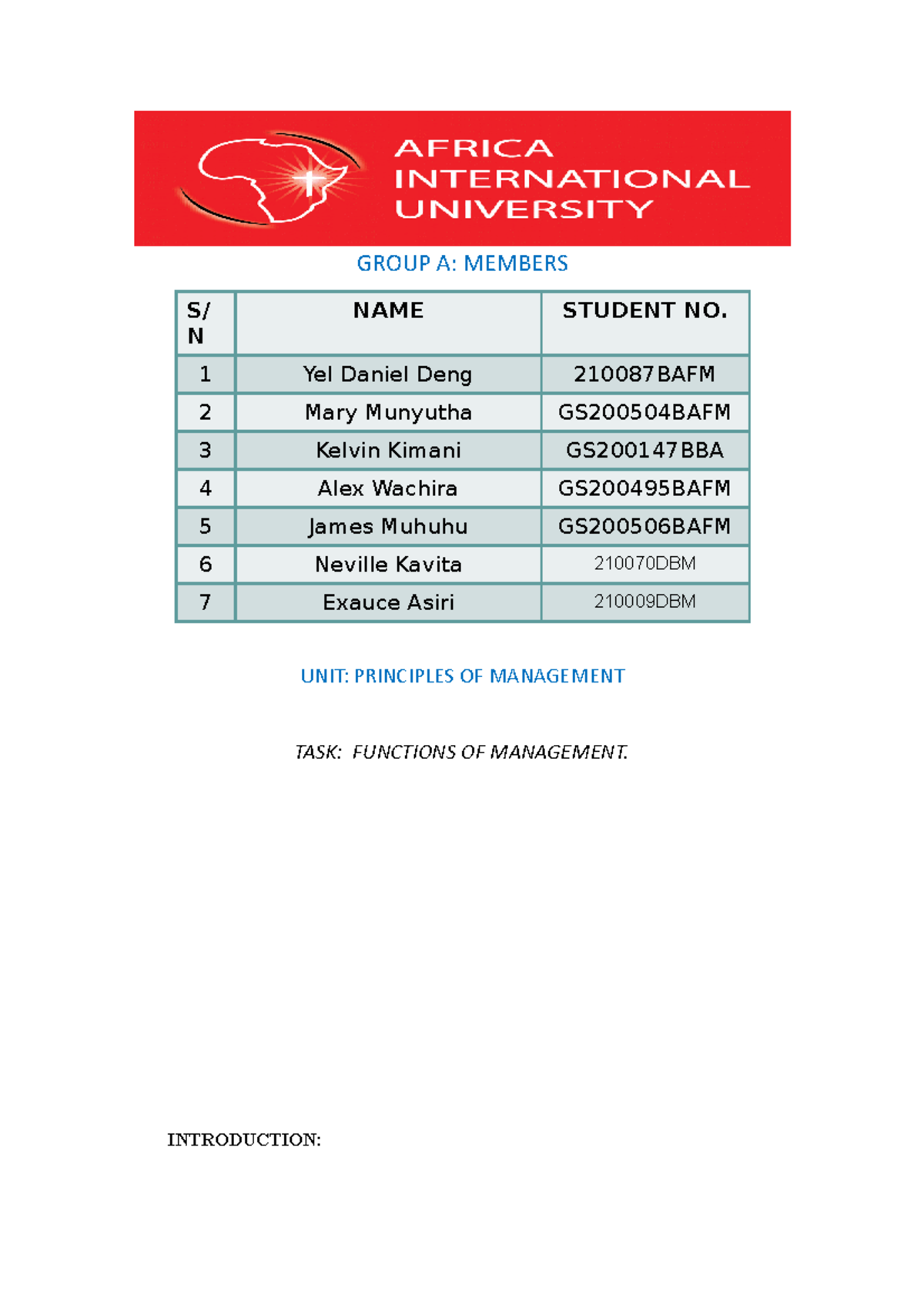 Group A principles of management assignment 2 - GROUP A: MEMBERS UNIT ...