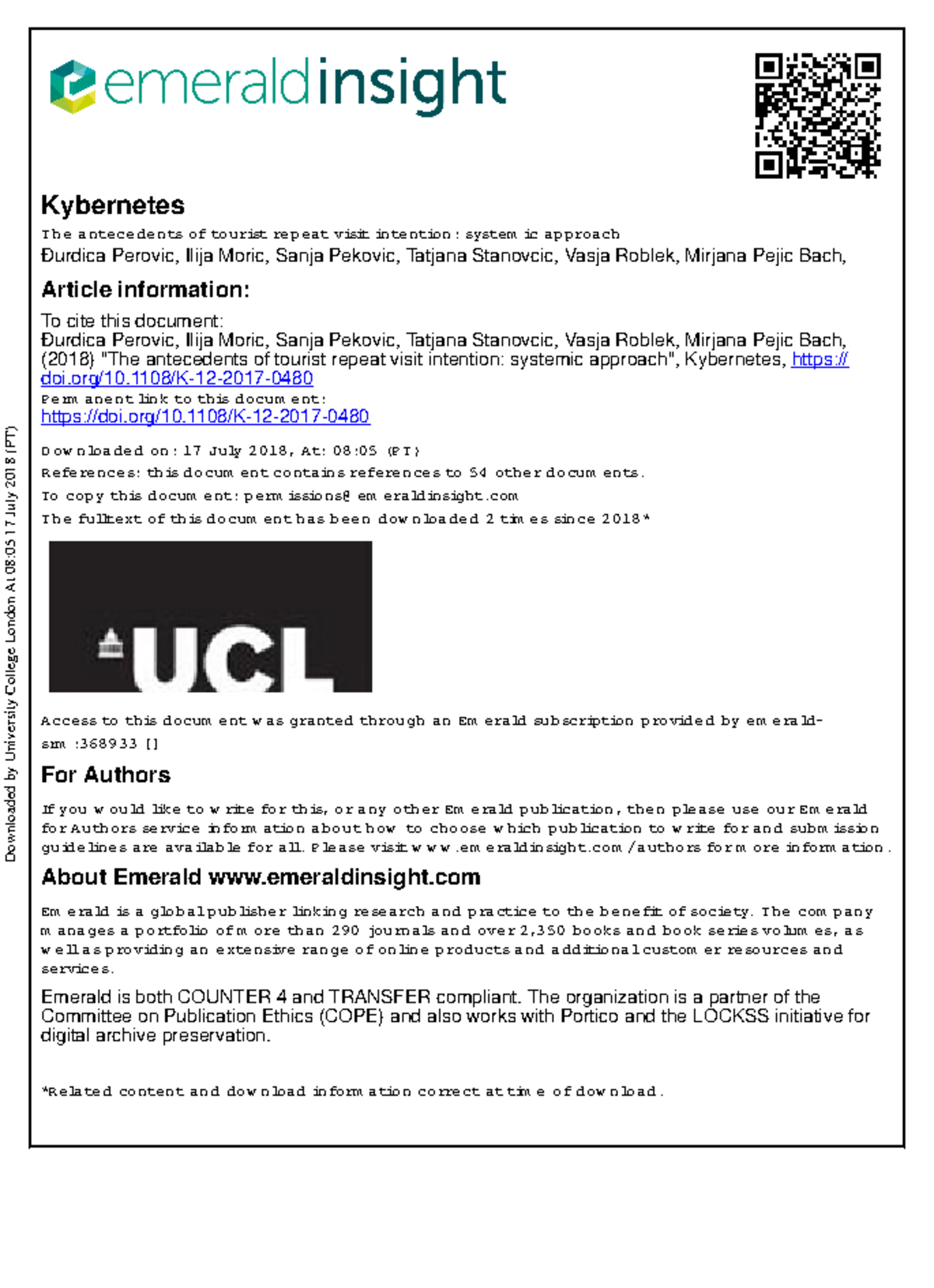 Perovic 2018 - aaa - Kybernetes The ant ecedent s of t ourist repeat ...