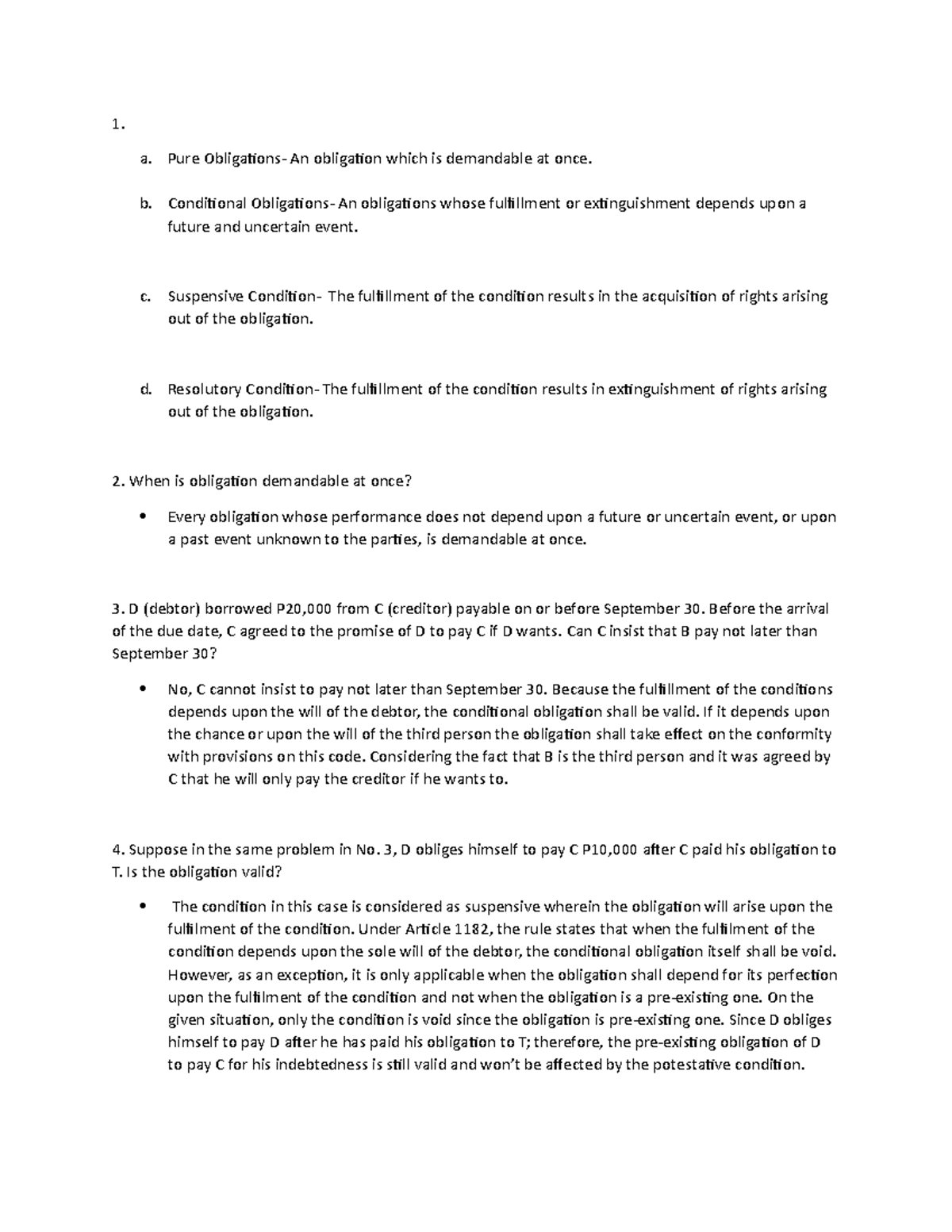 Obligations - Oblicon - 1. a. Pure Obligations- An obligation which is ...