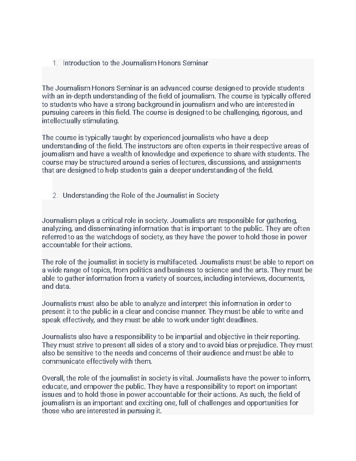 Journalism Honors Seminar 1-2 - The course is typically offered to ...