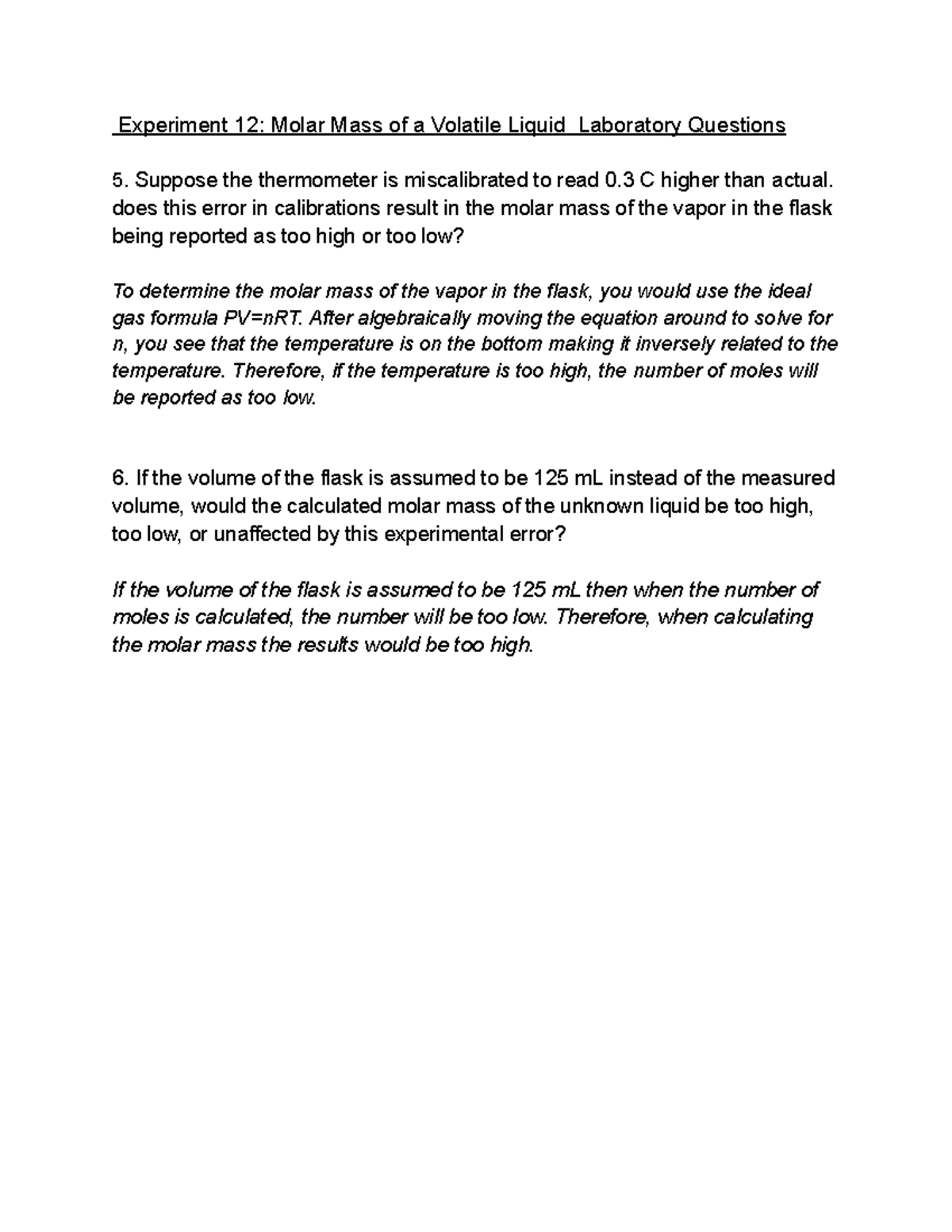 Exp 12 Lab Questions - Experiment 12: Molar Mass of a Volatile Liquid ...