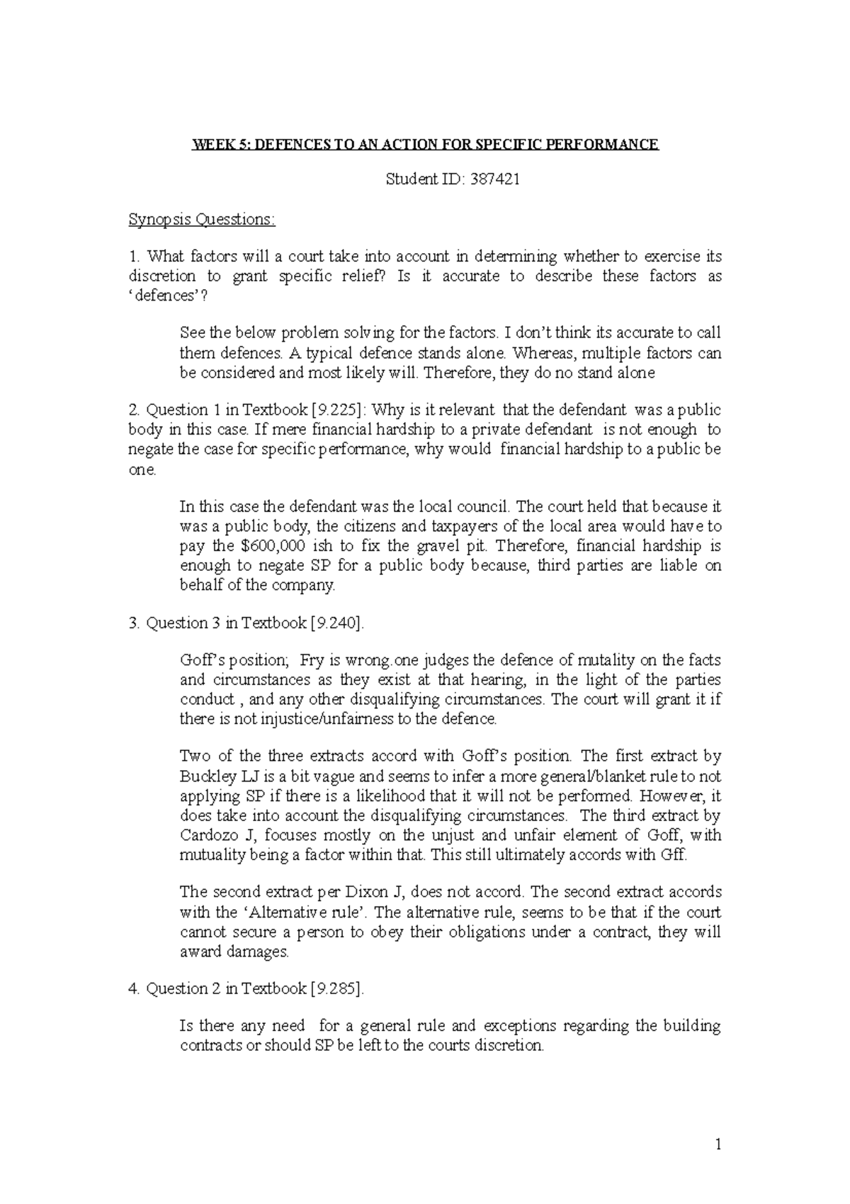 Specific Performance Defences - WEEK 5: DEFENCES TO AN ACTION FOR ...