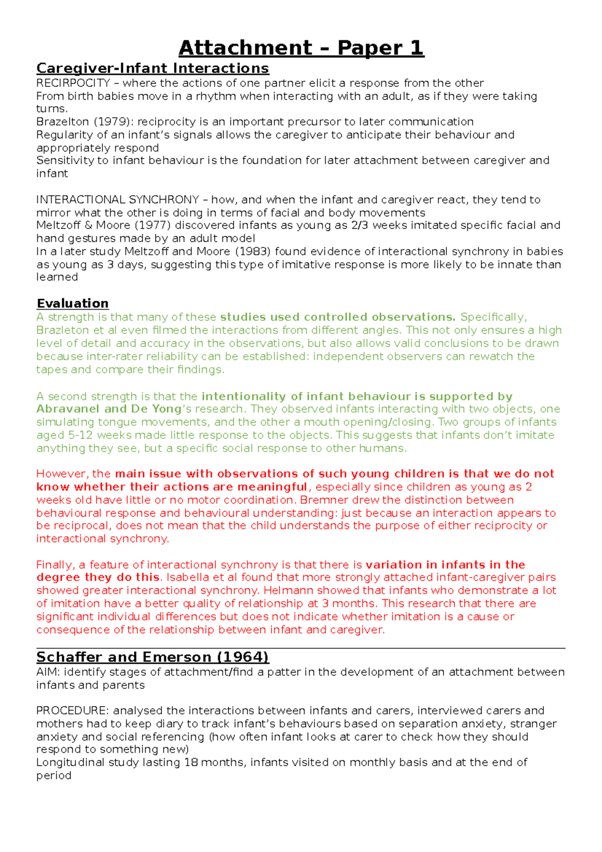 Attachment Revision Notes - Attachment – Paper 1 Caregiver-Infant ...