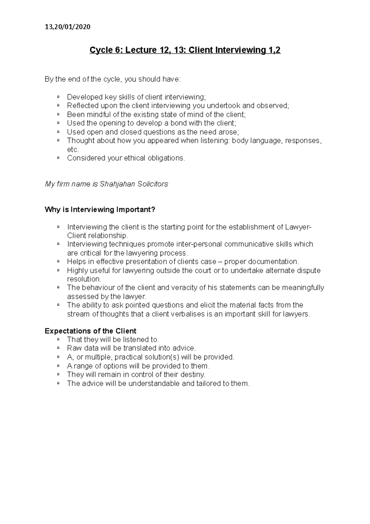 Client Interviewing 1 & 2 - Cycle 6: Lecture 12, 13: Client ...