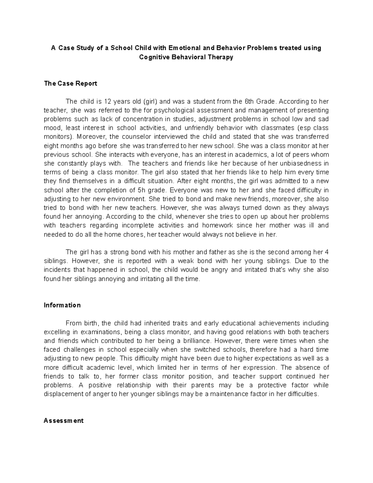 Case Study Interpretation - A Case Study of a School Child with ...