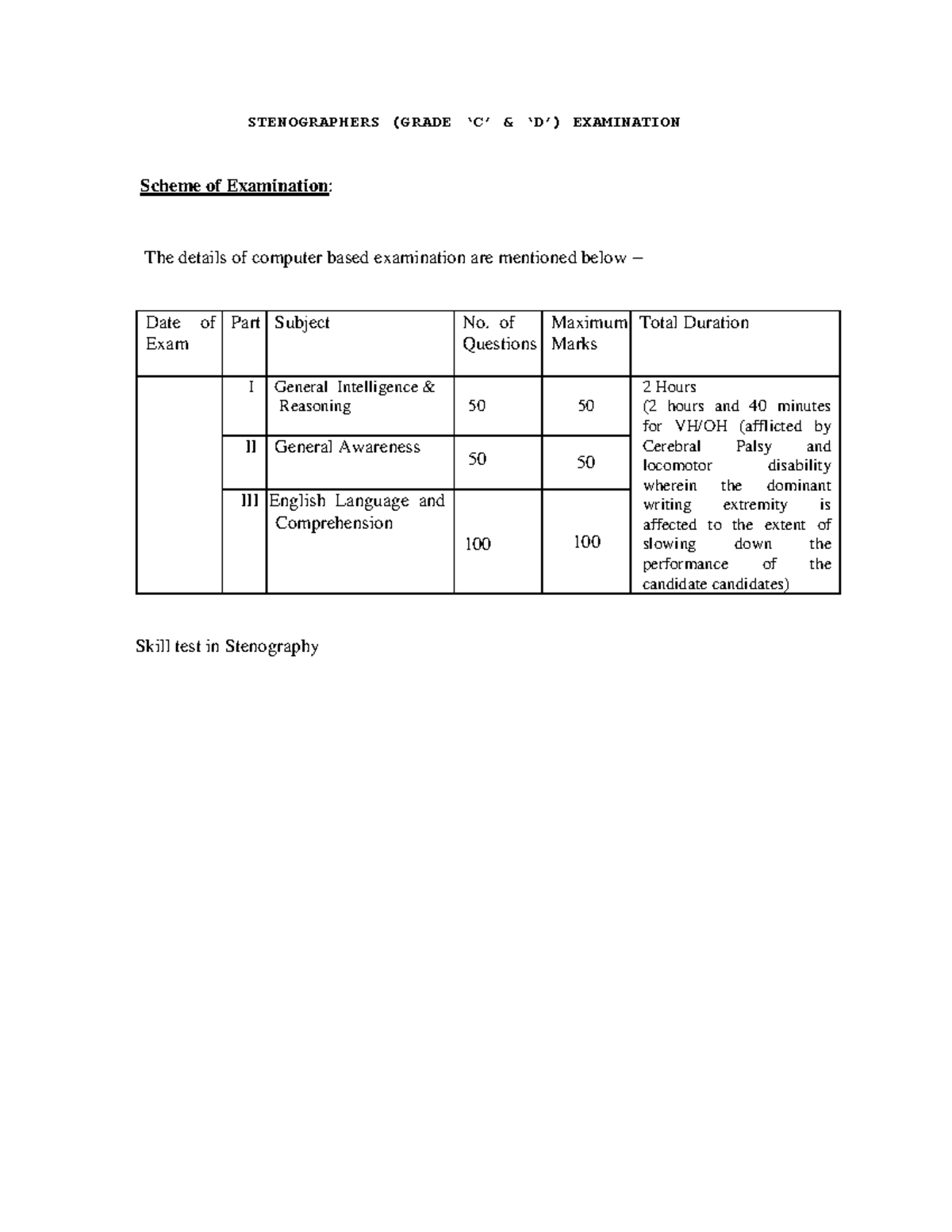 Steno exam pattern - STENOGRAPHERS (GRADE ‘C’ & ‘D’) EXAMINATION Scheme ...