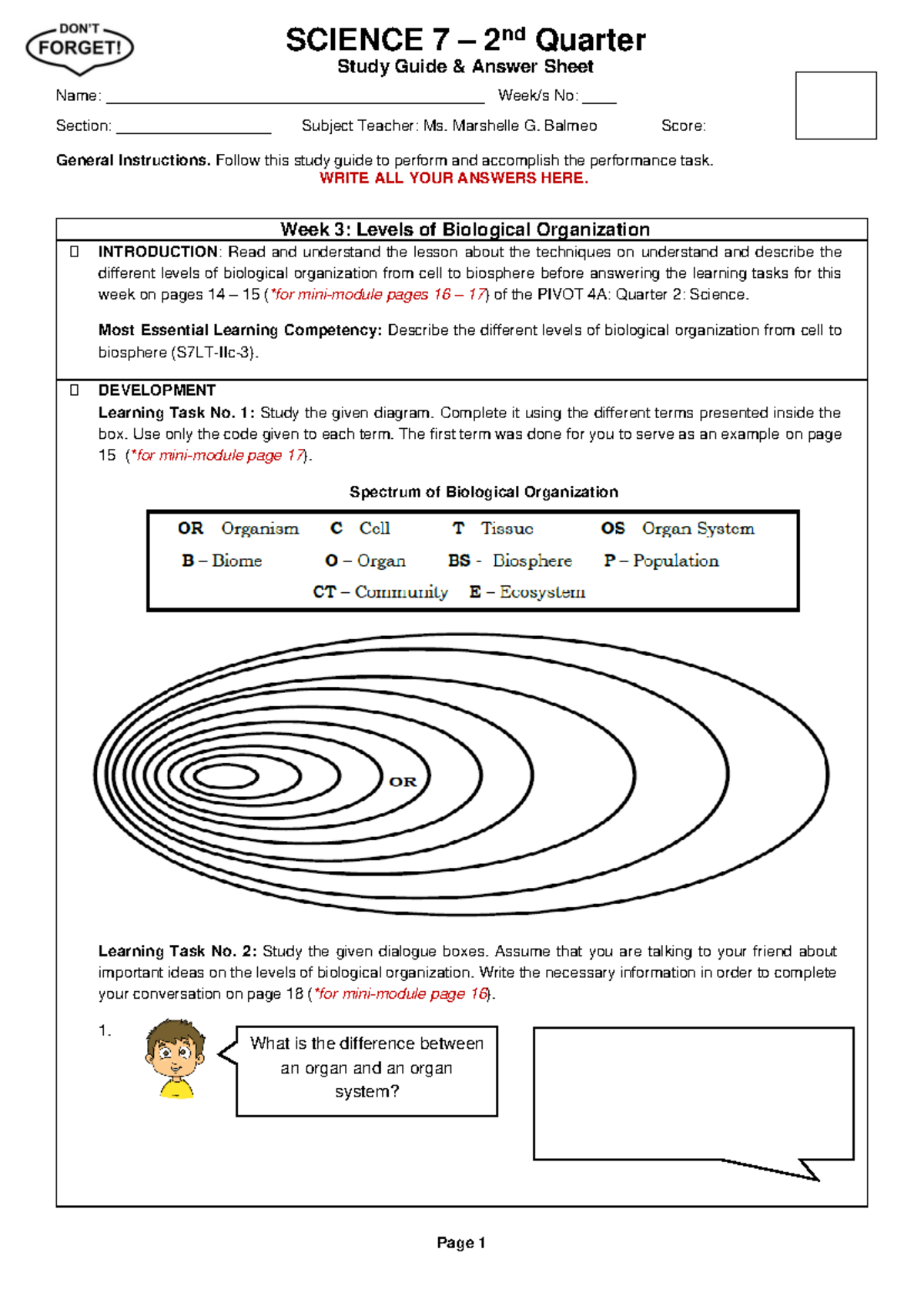 Q2-G7-Week-3-Levels of Biological Organization - SCIENCE 7 – 2 nd ...