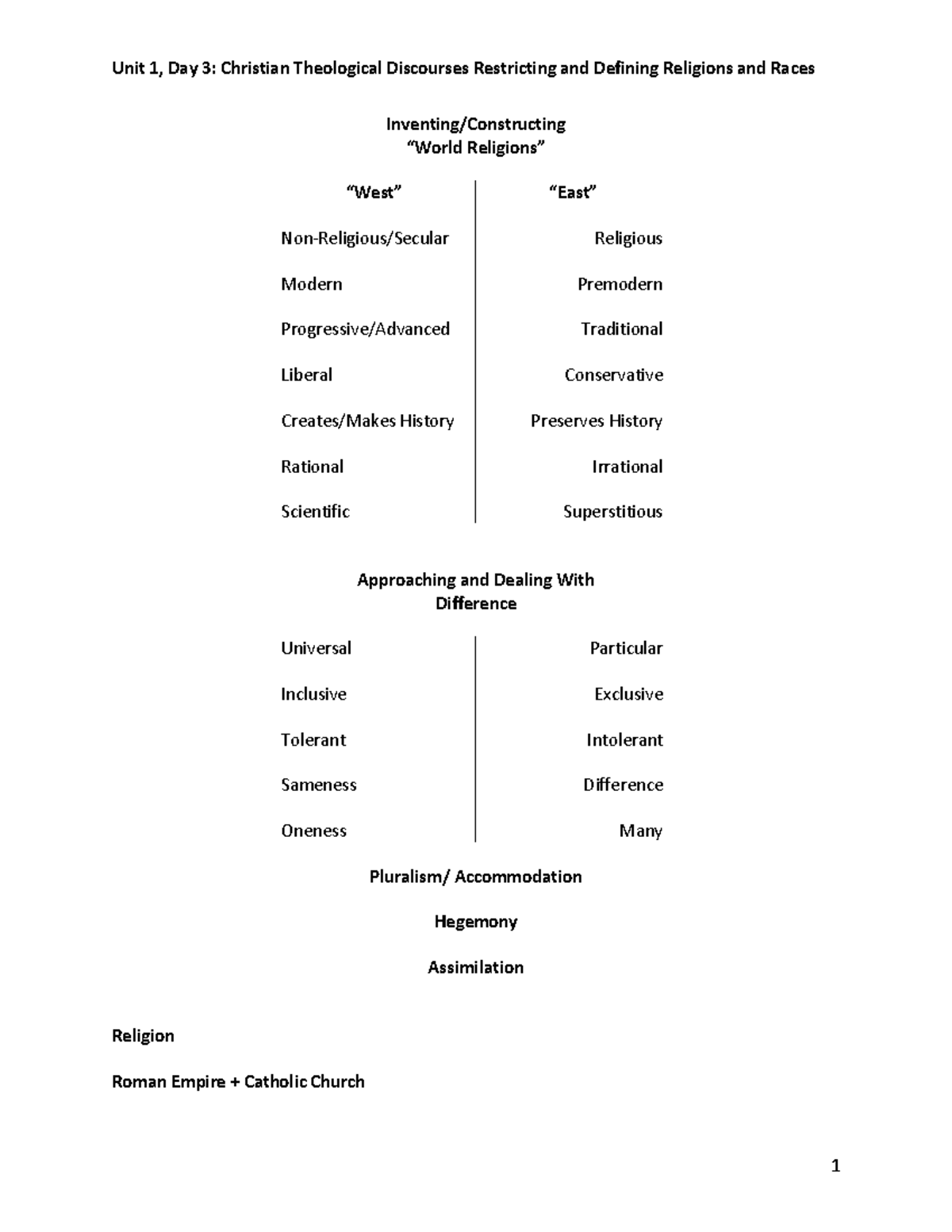 Day 3 Handout - Lecture notes 3 - Unit 1, Day 3: Christian Theological ...