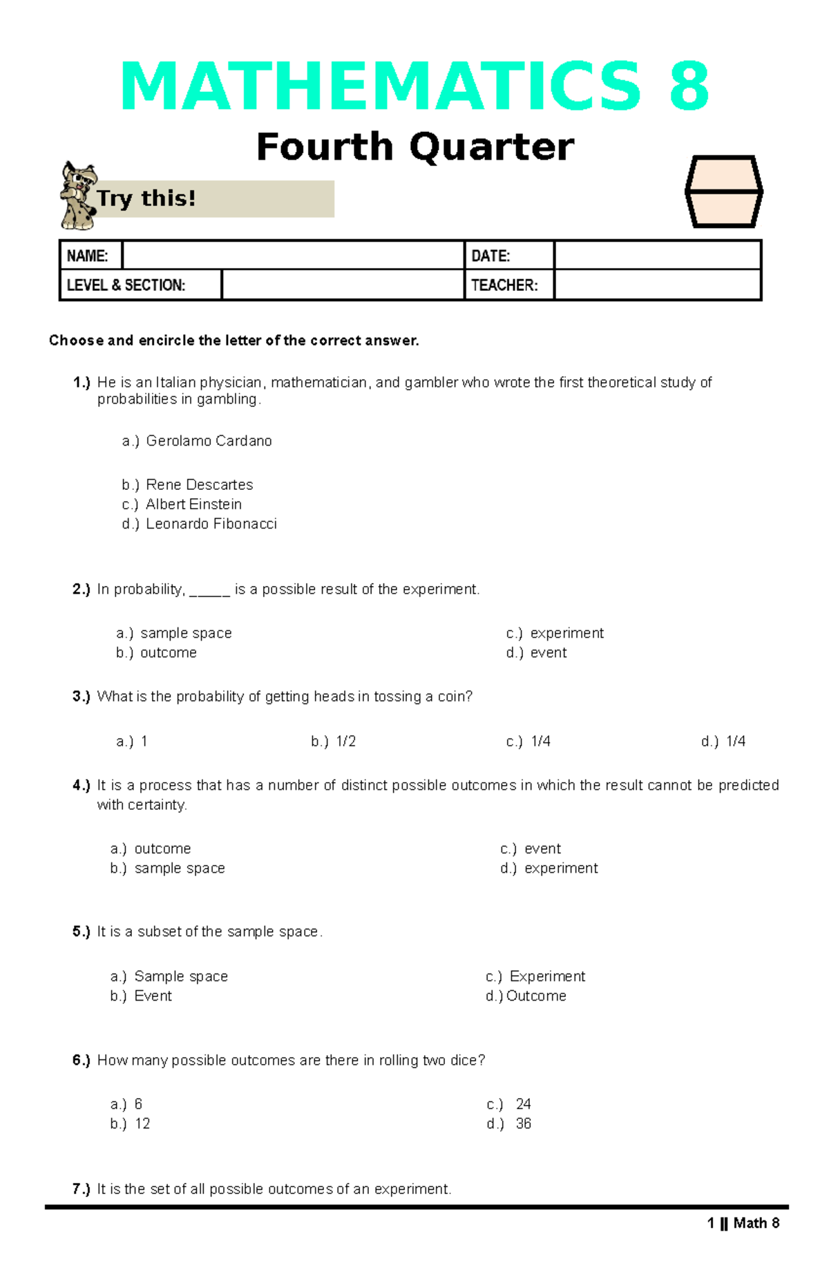 4th Quarter Mathematics 8 - MATHEMATICS 8 Fourth Quarter Choose and ...