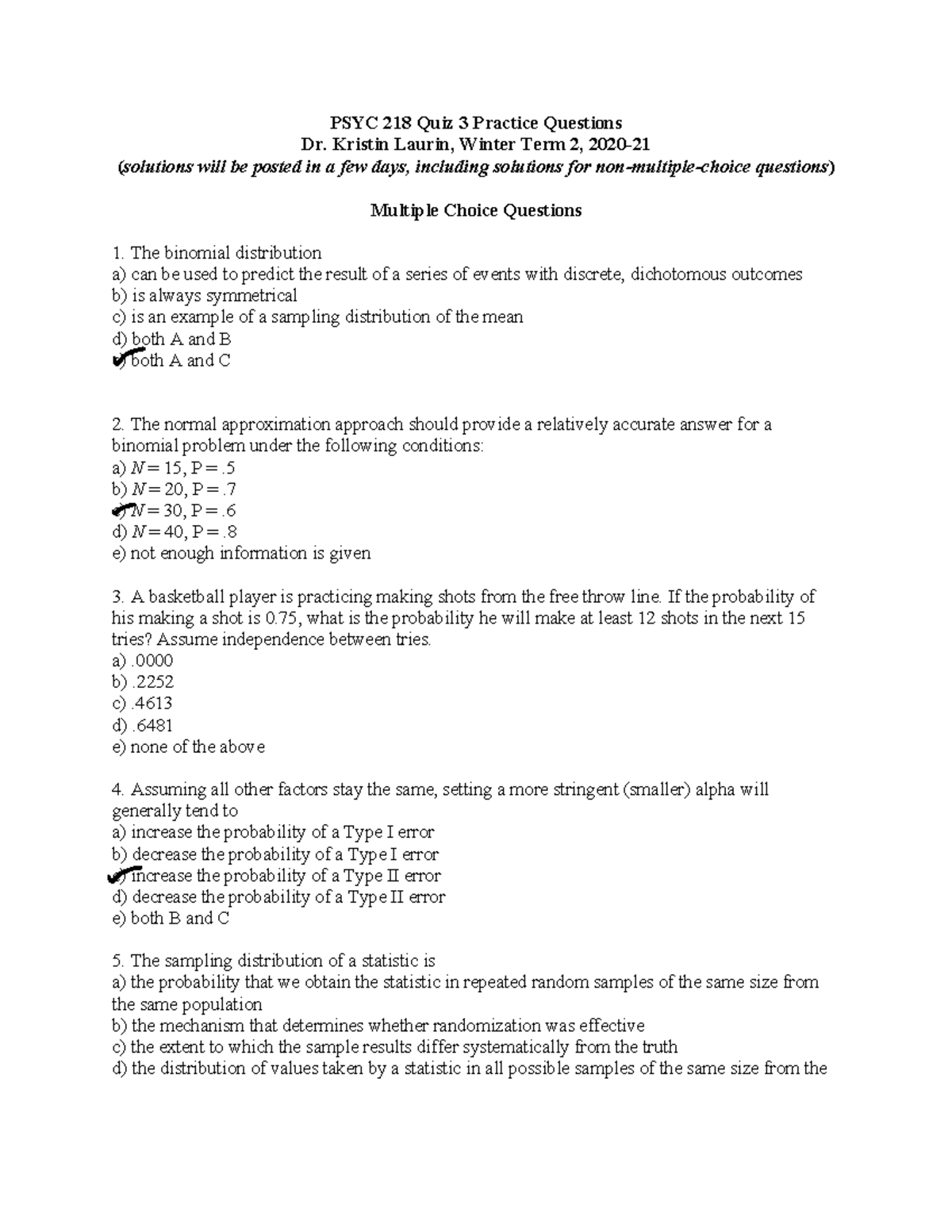 Practice quiz 3 - practise questions for quiz 3 - PSYC 218 Quiz 3 ...