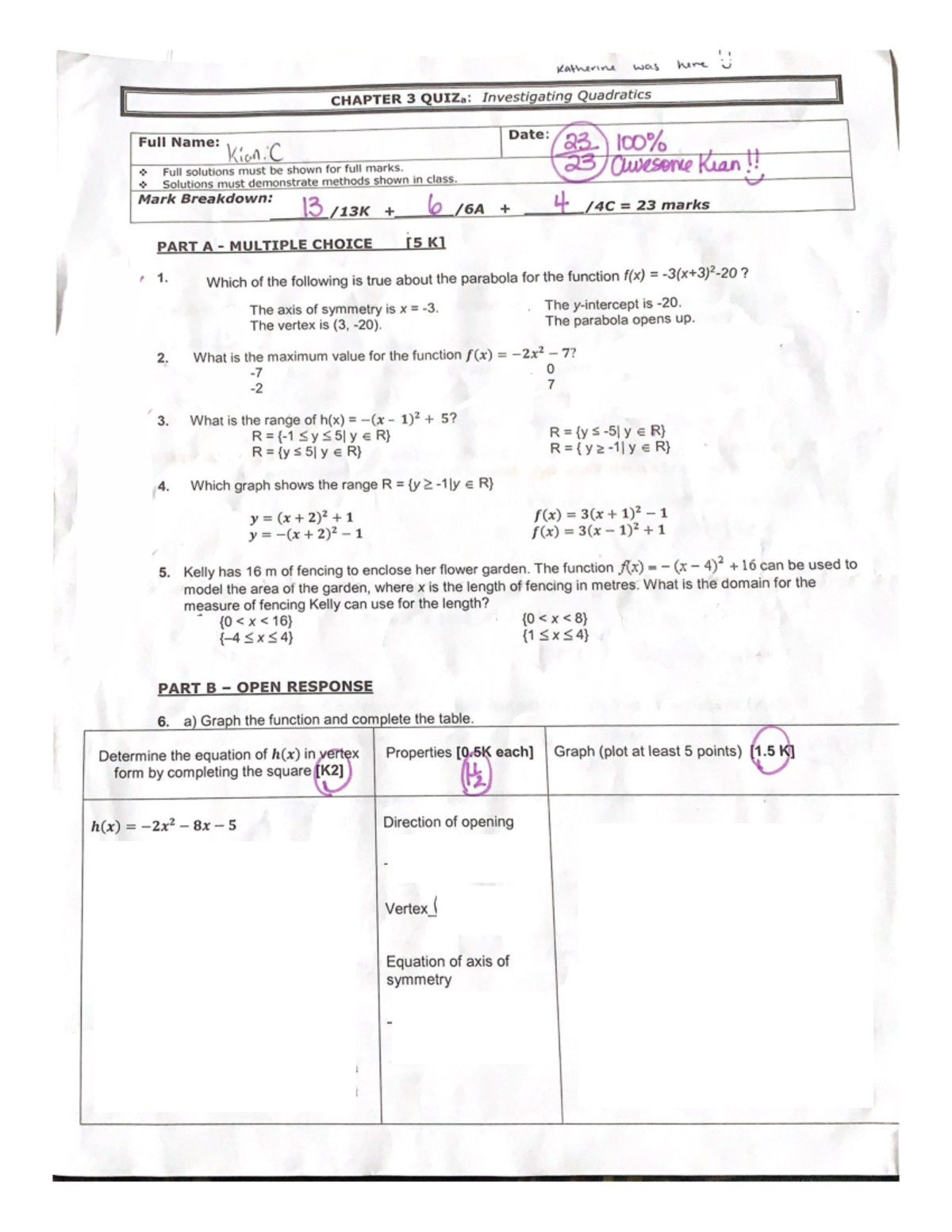 Quadratics MCR3U - Math - here U CHAPTER 3 QUIZa: Investigating ...