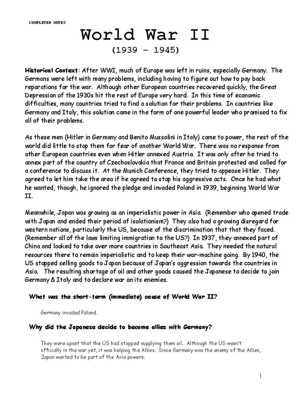 WWII Version 2 Completed - COMPLETED NOTES World War II (1939 – 1945 ...