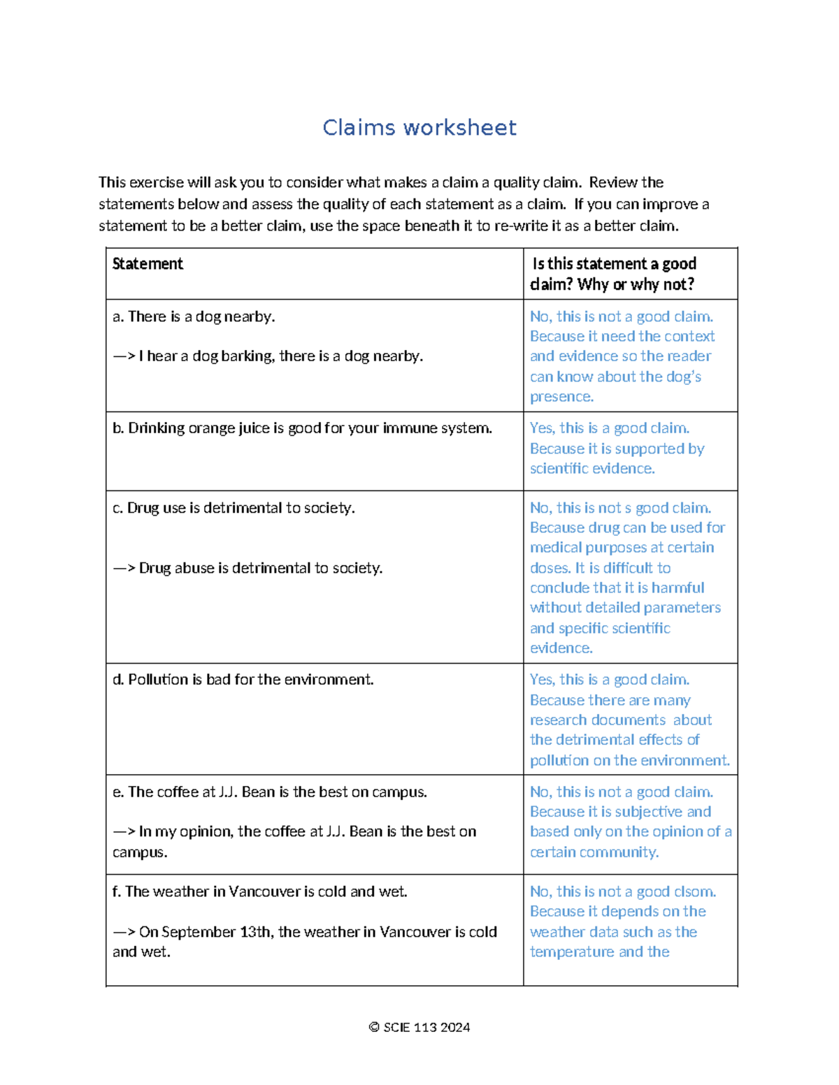 Worksheet Claims - SCIE 113 - Claims worksheet This exercise will ask ...