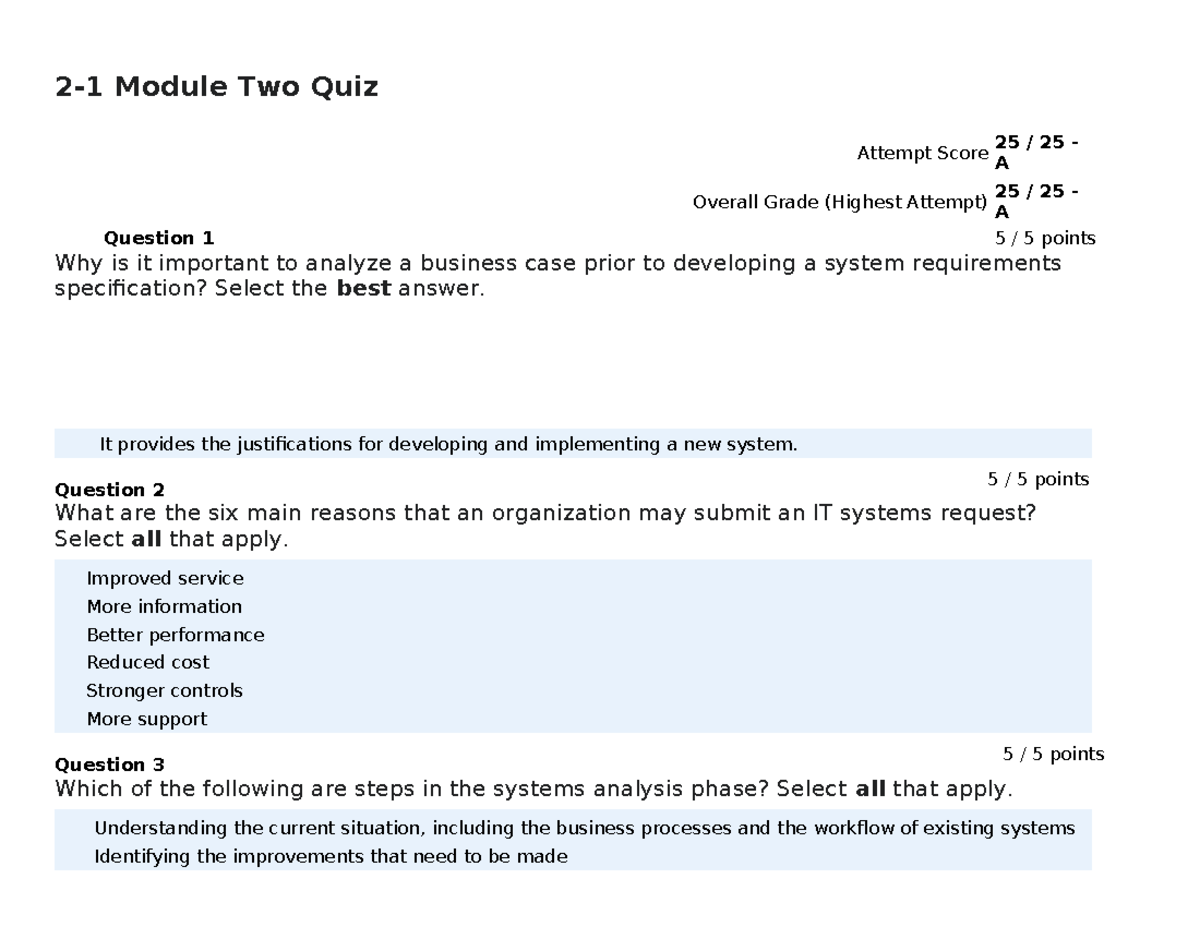 Mod 2 - Quiz 2 - 2-1 Module Two Quiz Attempt Score 25 / 25 - A Overall ...