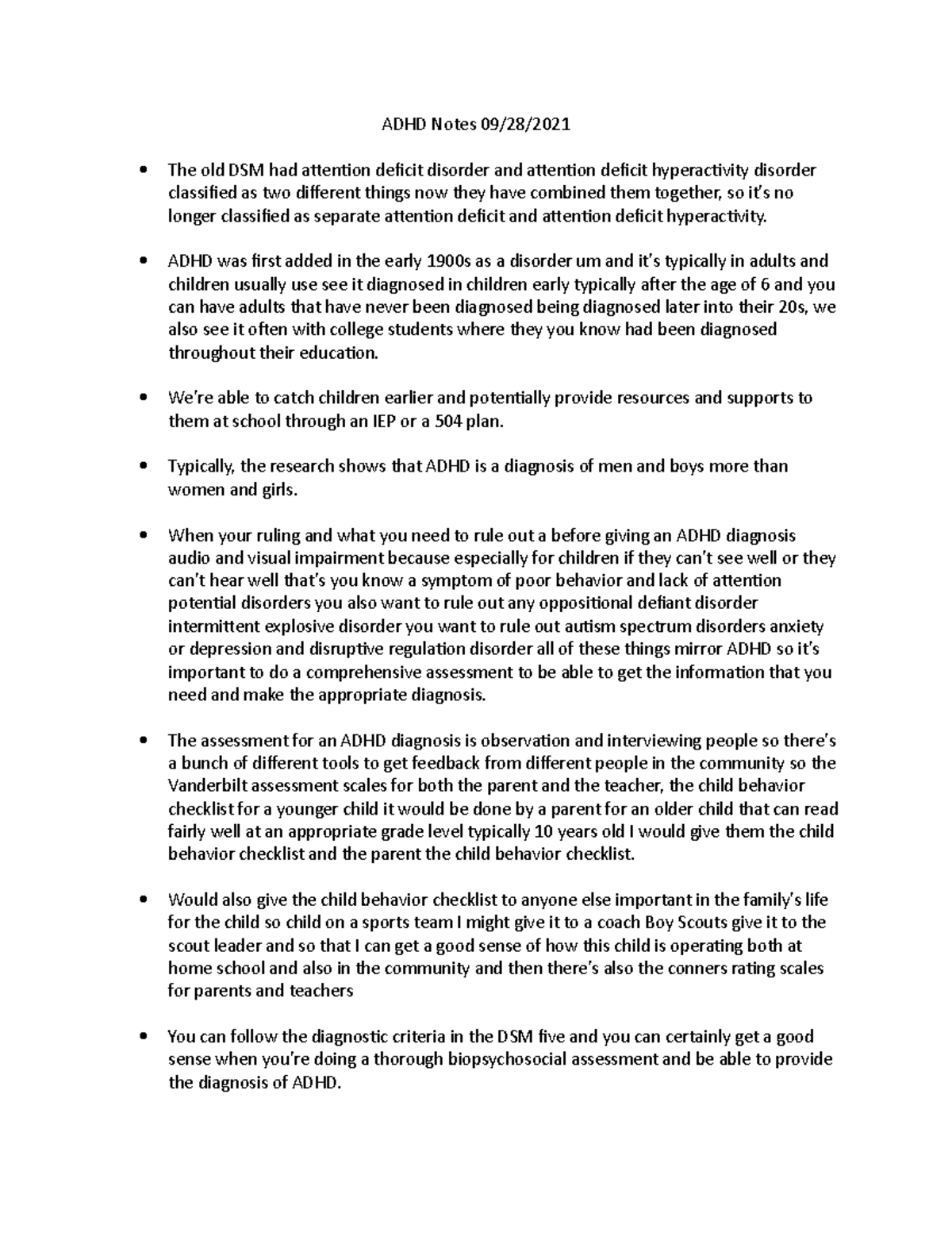 ADHD Notes 09 - ADHD Notes 09/28/ The old DSM had attention deficit ...